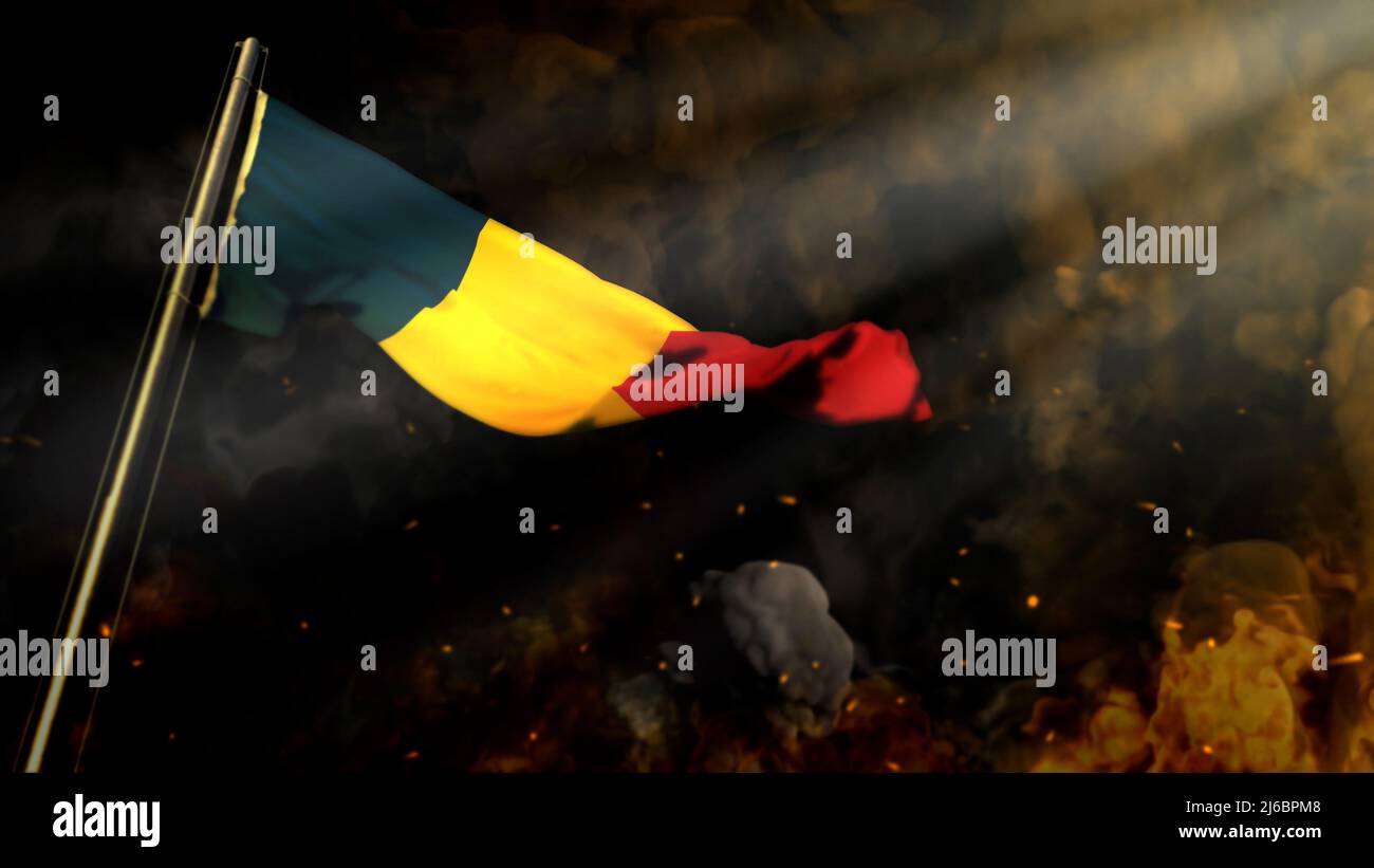 bokeh Chad flag on smoke with sun rays bg - cataclysm concept ...