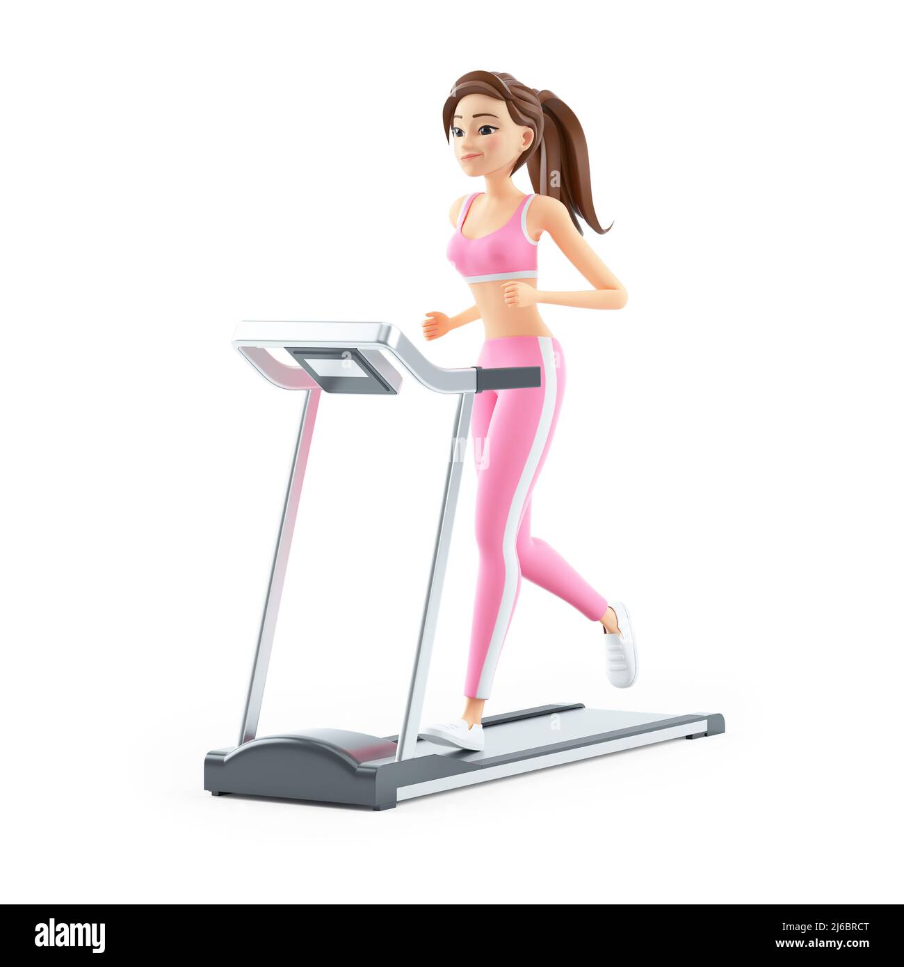 3d sporty woman running on treadmill, illustration isolated on white ...