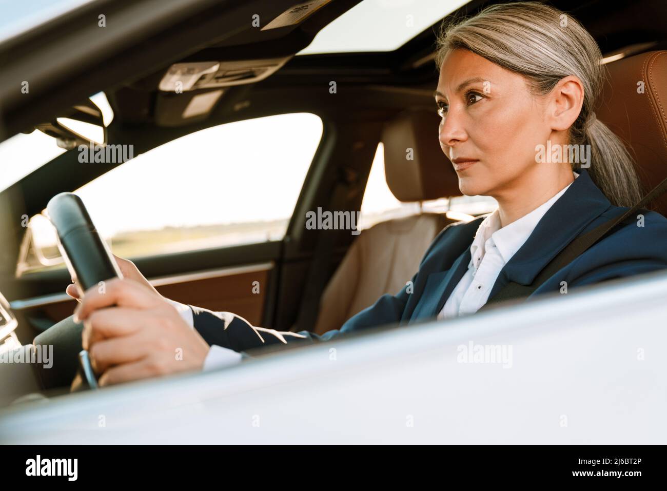 Mature asian businesswoman with grey hair driving car Stock Photo - Alamy