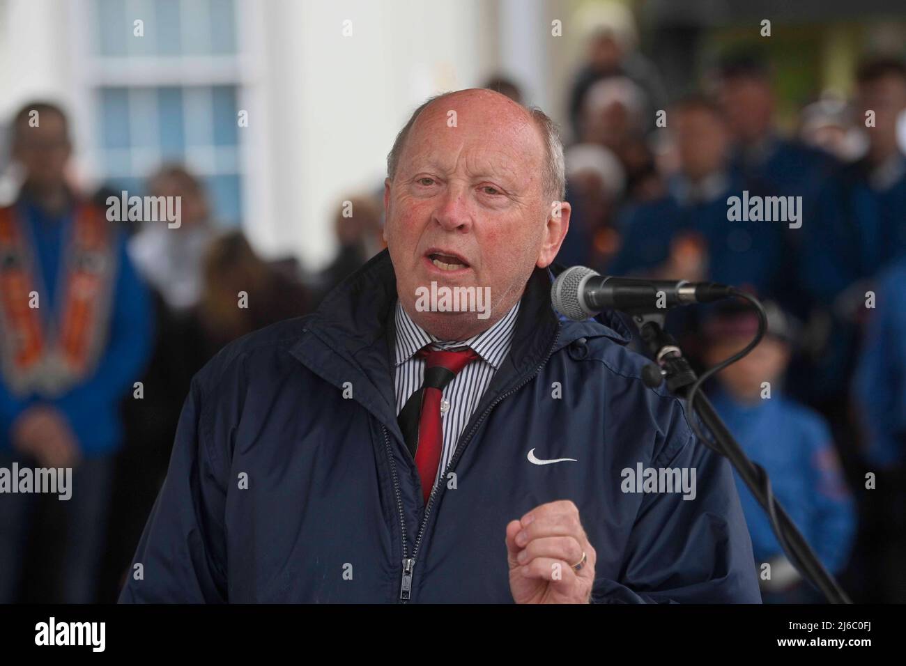 Jim allister of the tuv, speaks during a anti northern ireland protocol ...