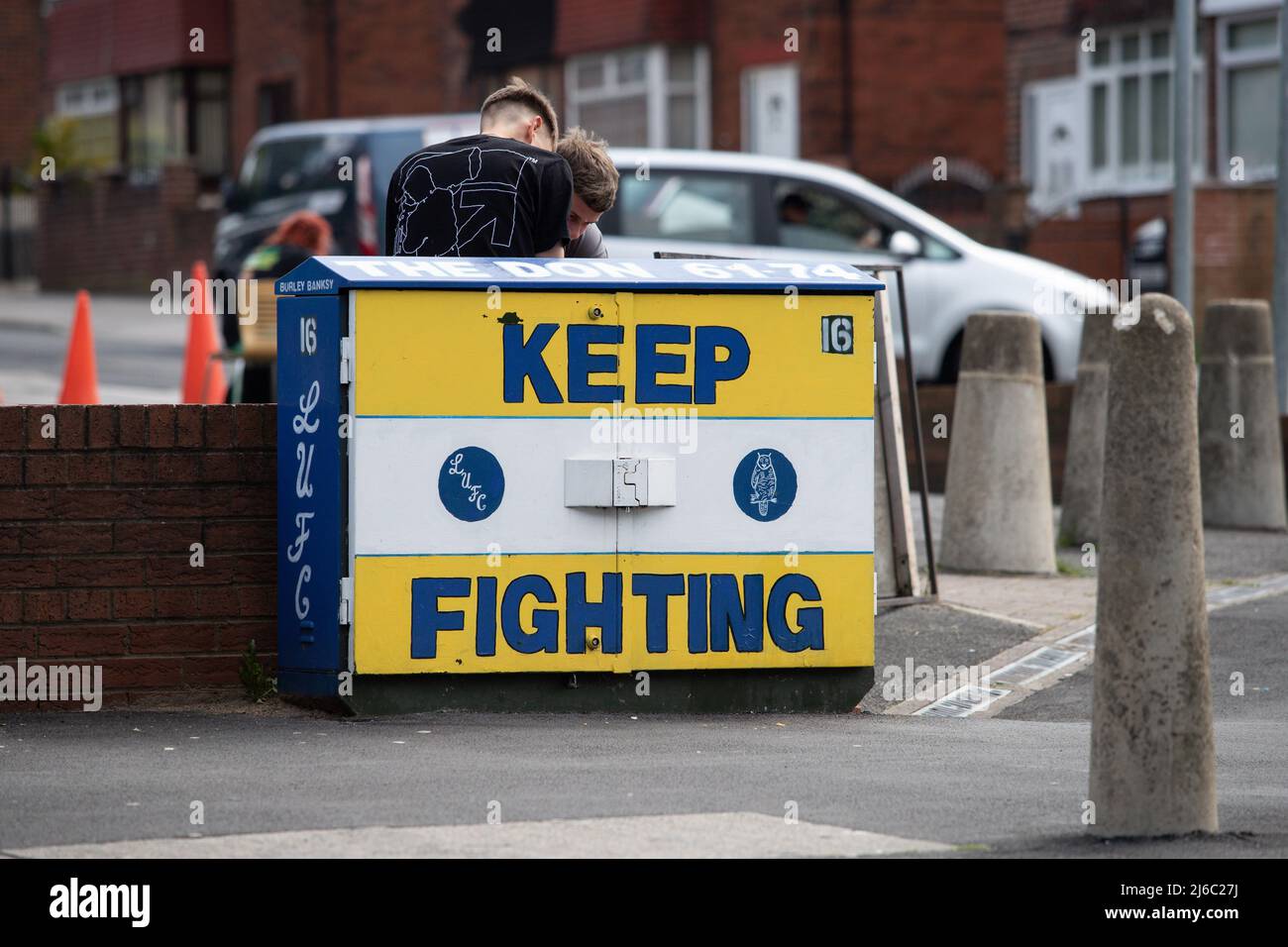 A ‘Keep Fighting’ Leeds United image is painted on an electrical box ...