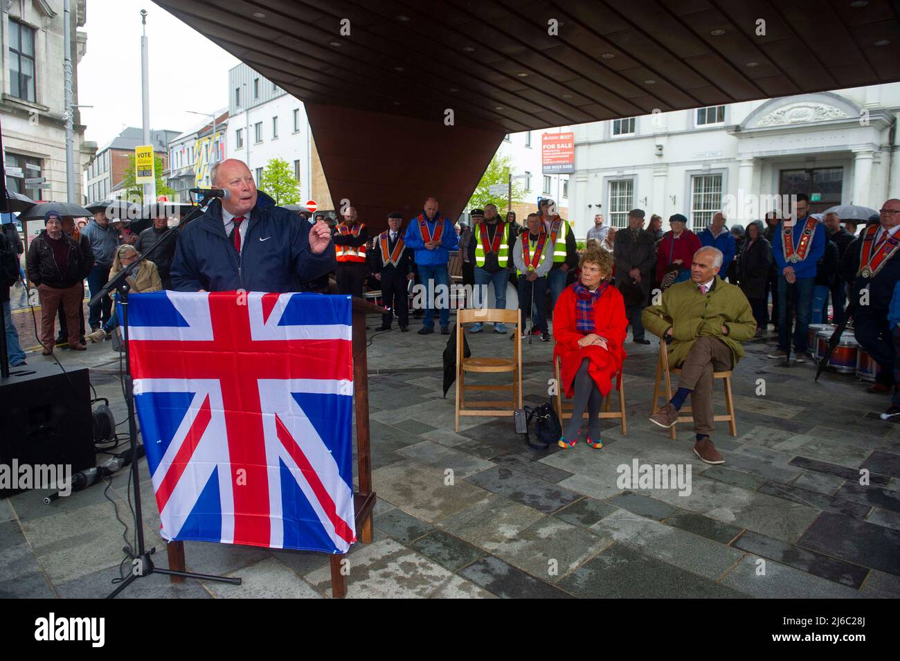 Jim allister of the tuv, speaks during a anti northern ireland protocol ...