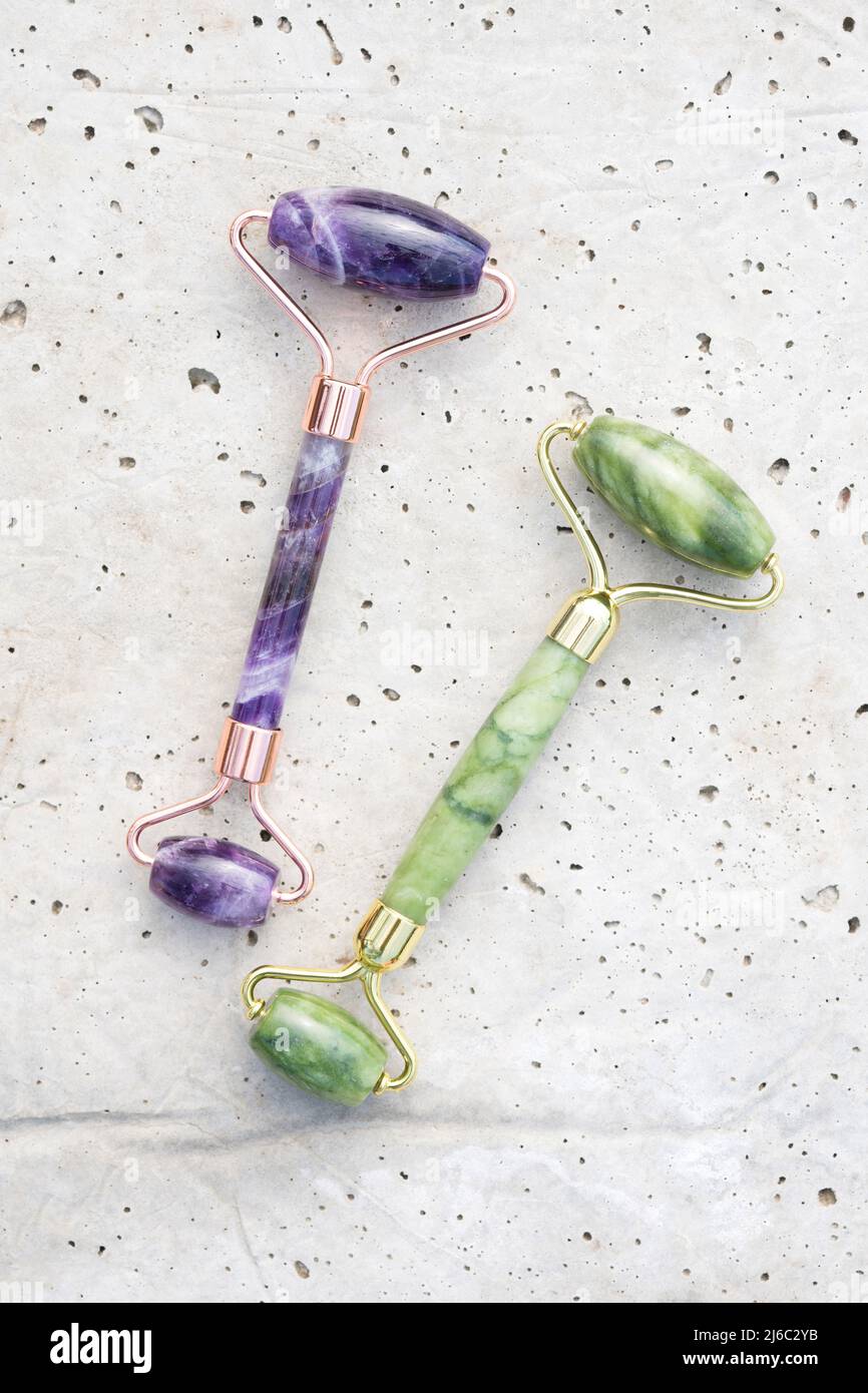 Vertical image of facial massage kit - amethyst and jade gua sha face ...