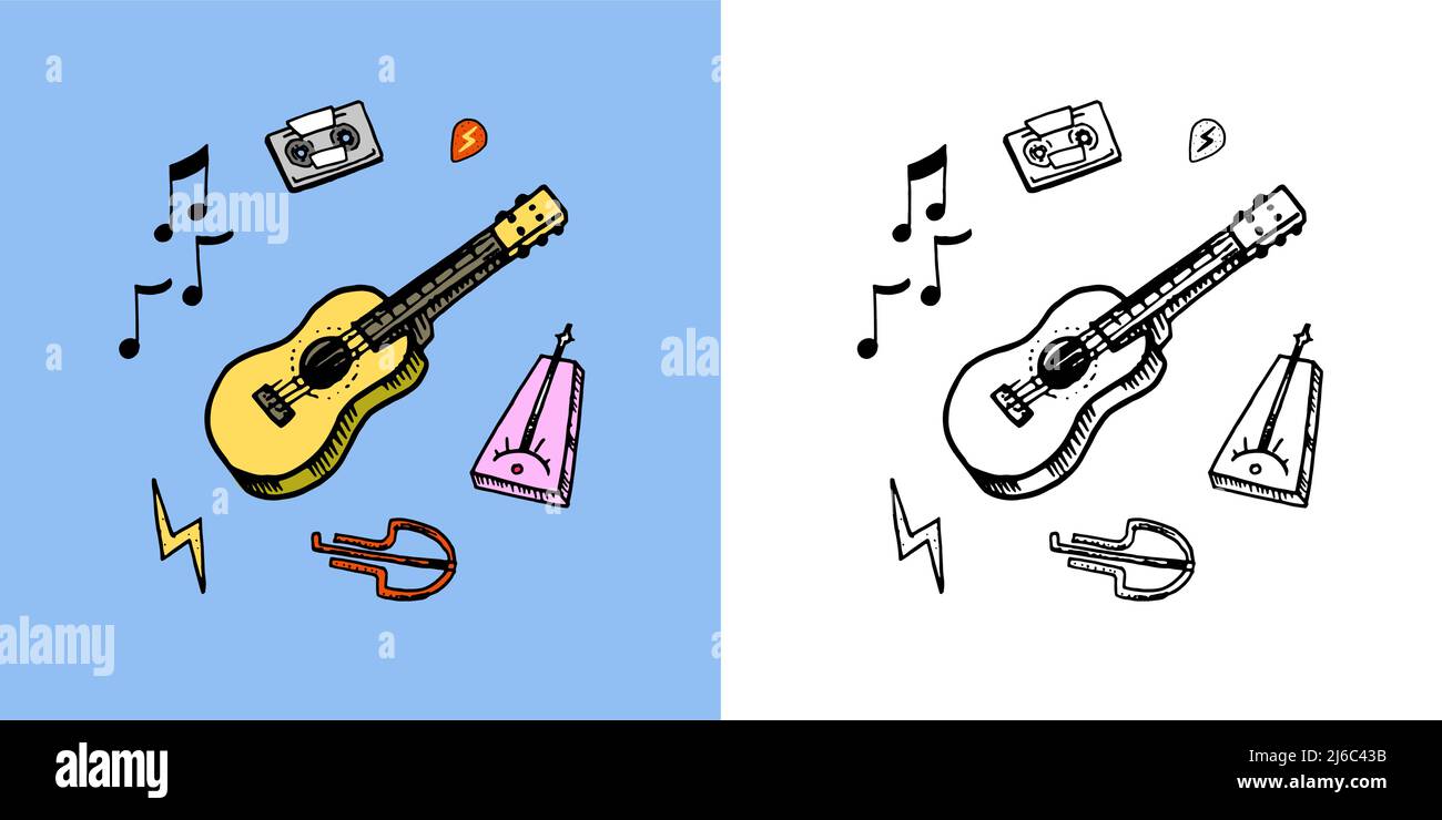 Acoustic guitar or ukulele. Musical instrument. Hand drawn sketch in ...