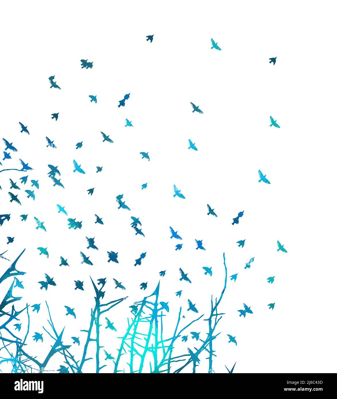 Tree branches and a blue flock of flying birds. Vector illustration ...