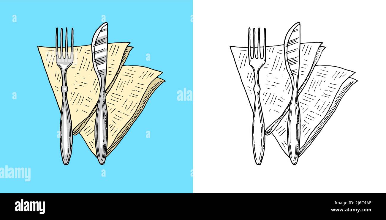 Table setting. Napkin, fork and knife. Food tools. Hand drawn sketch in ...