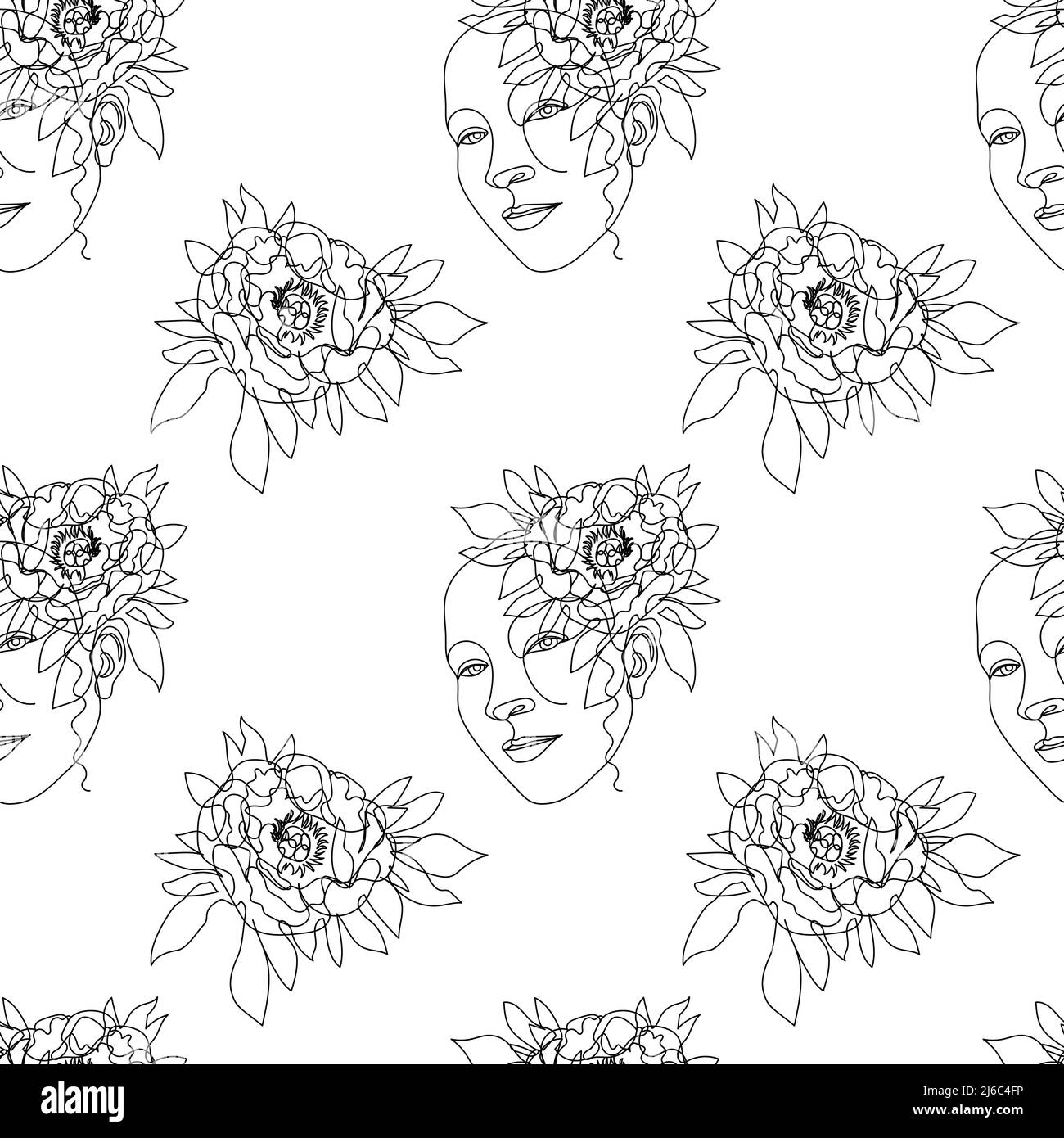 Seamless pattern with one single line drawings of female face and ...