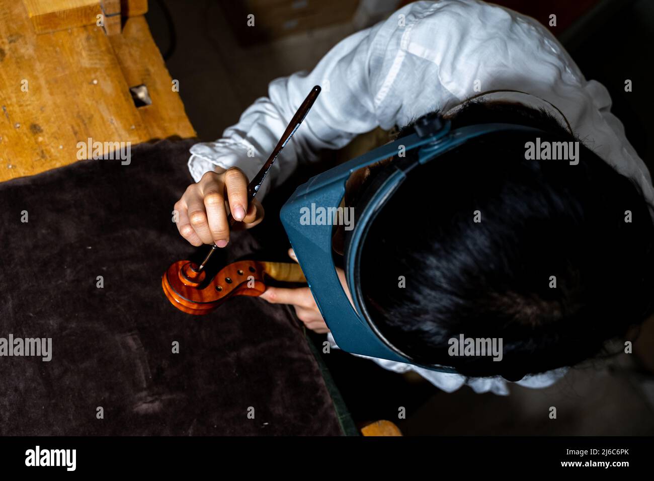young chinese woman violin maker finishing painting a violin with a ...