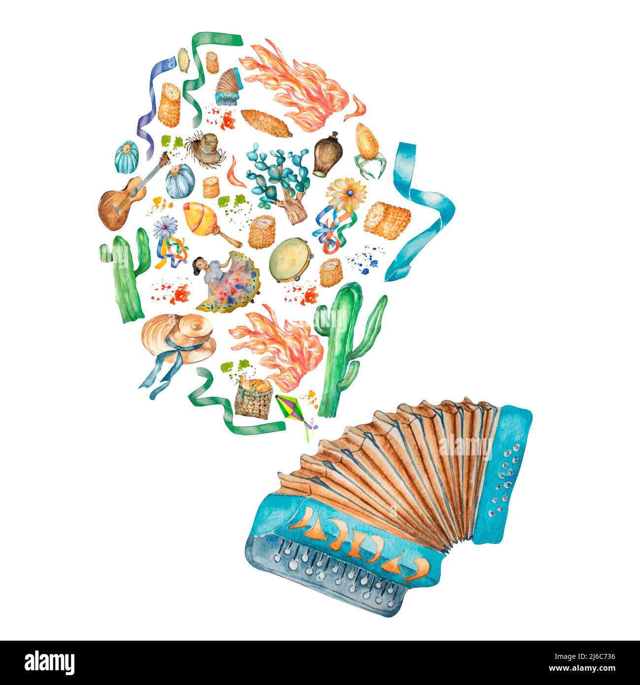 Brazilian June festival card with accordion, straw hat, bonfire, fire ...