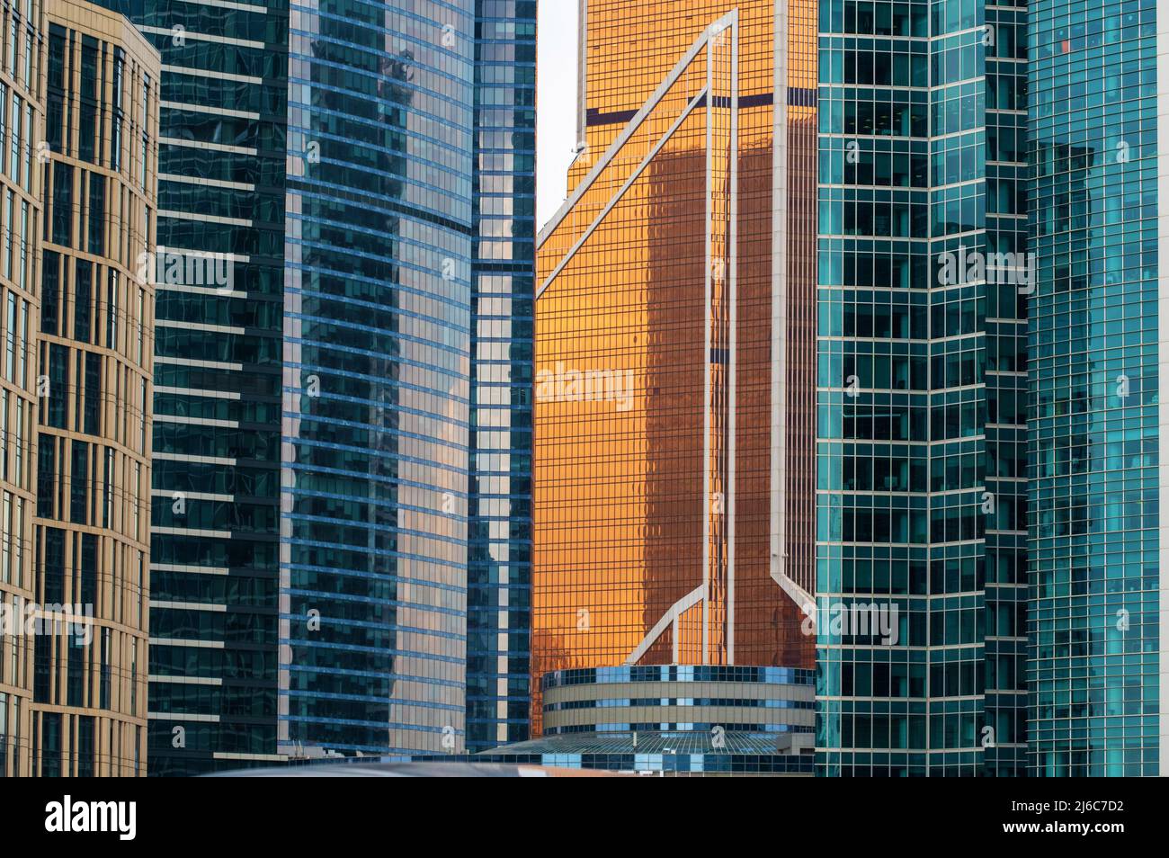 Moscow city glass skyscrapers, close up view of various buildings ...