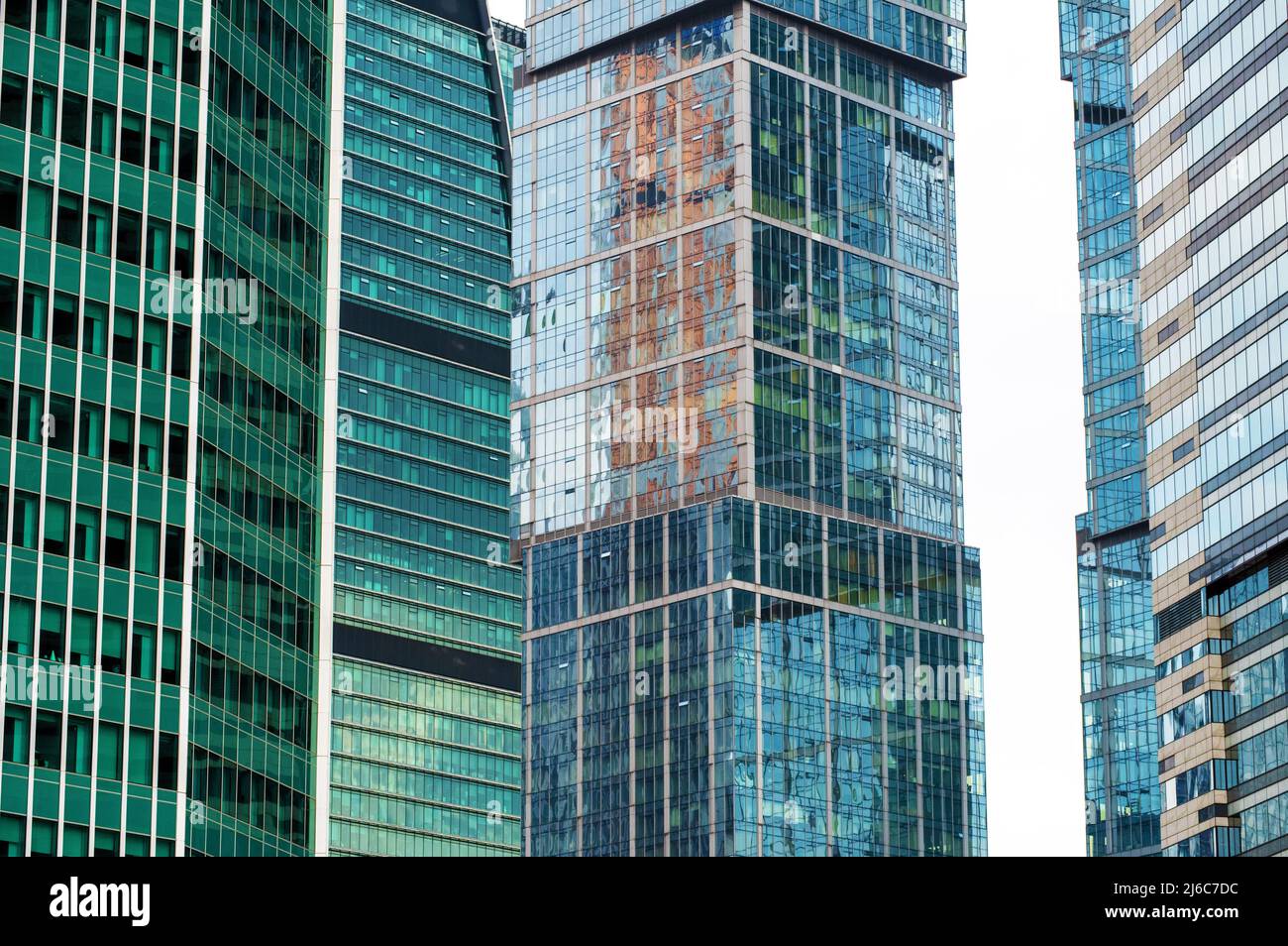 Moscow city glass skyscrapers, close up view of various buildings ...