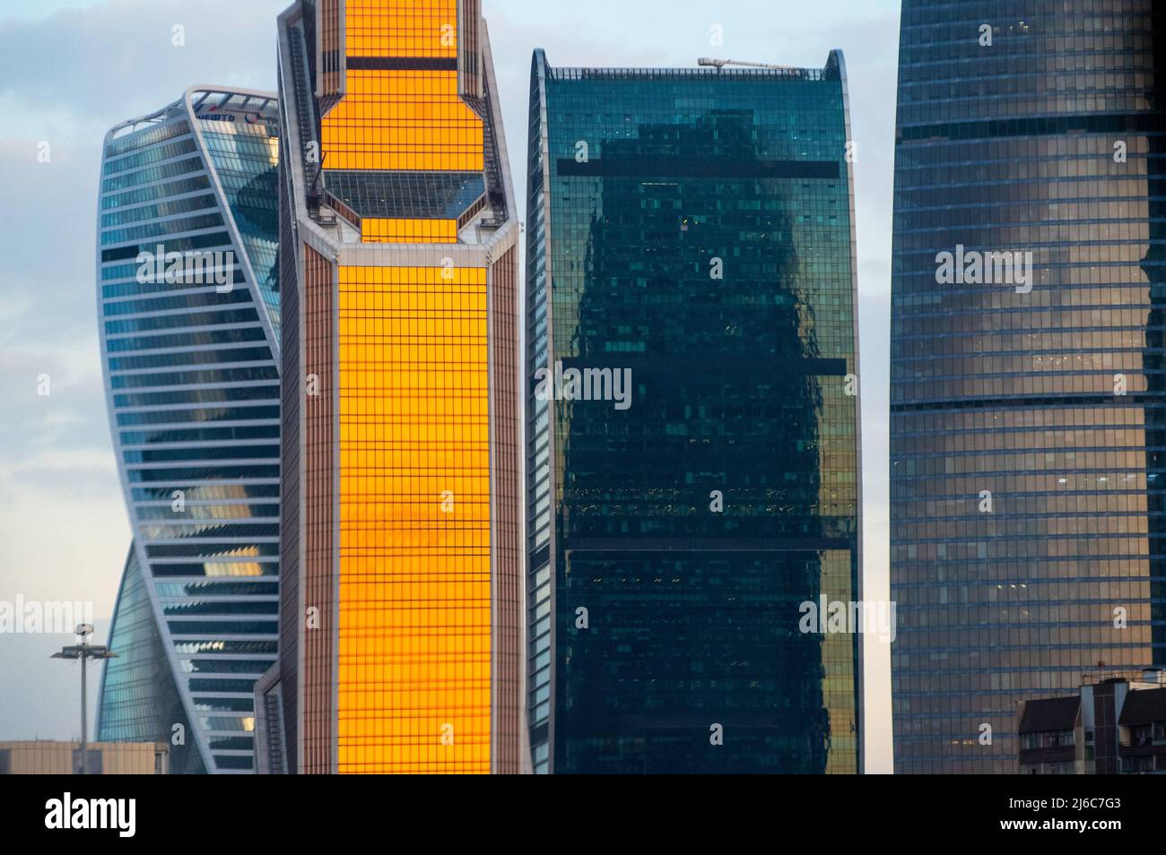 Moscow city glass skyscrapers at sunset, close up view of various ...