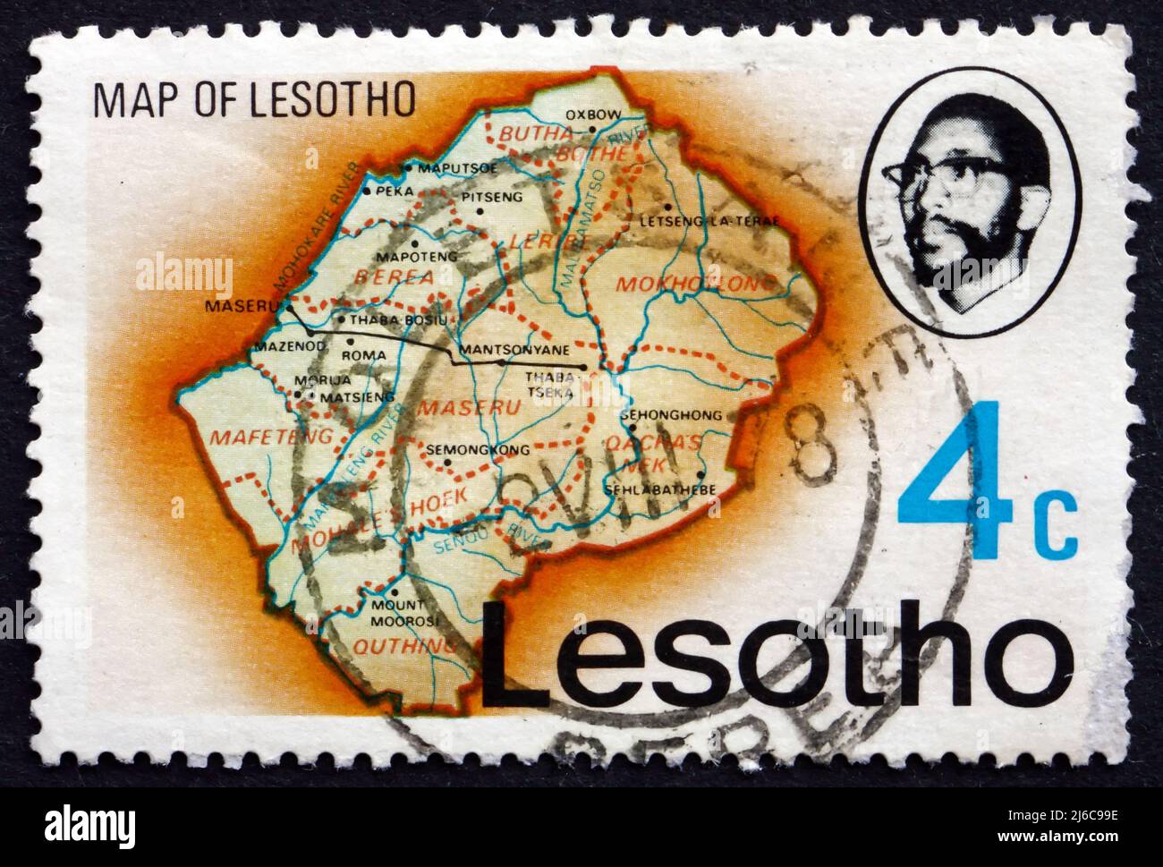 LESOTHO - CIRCA 1976: a stamp printed in the Lesotho shows Map of ...