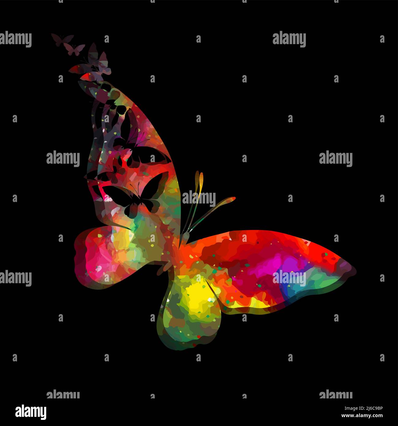 Abstract multicolored butterflies. On a black background. Vector ...
