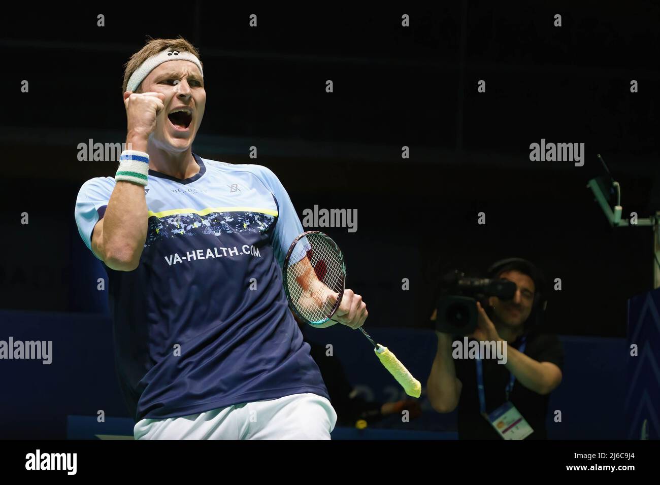 Viktor Axelsen of Denmark celebrates victory during the European ...