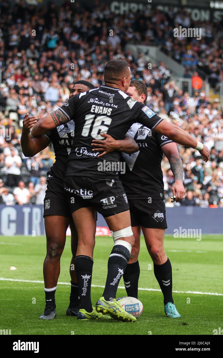Kane Evans #16 of Hull FC celebrates his try in , on 4/30/2022. (Photo ...