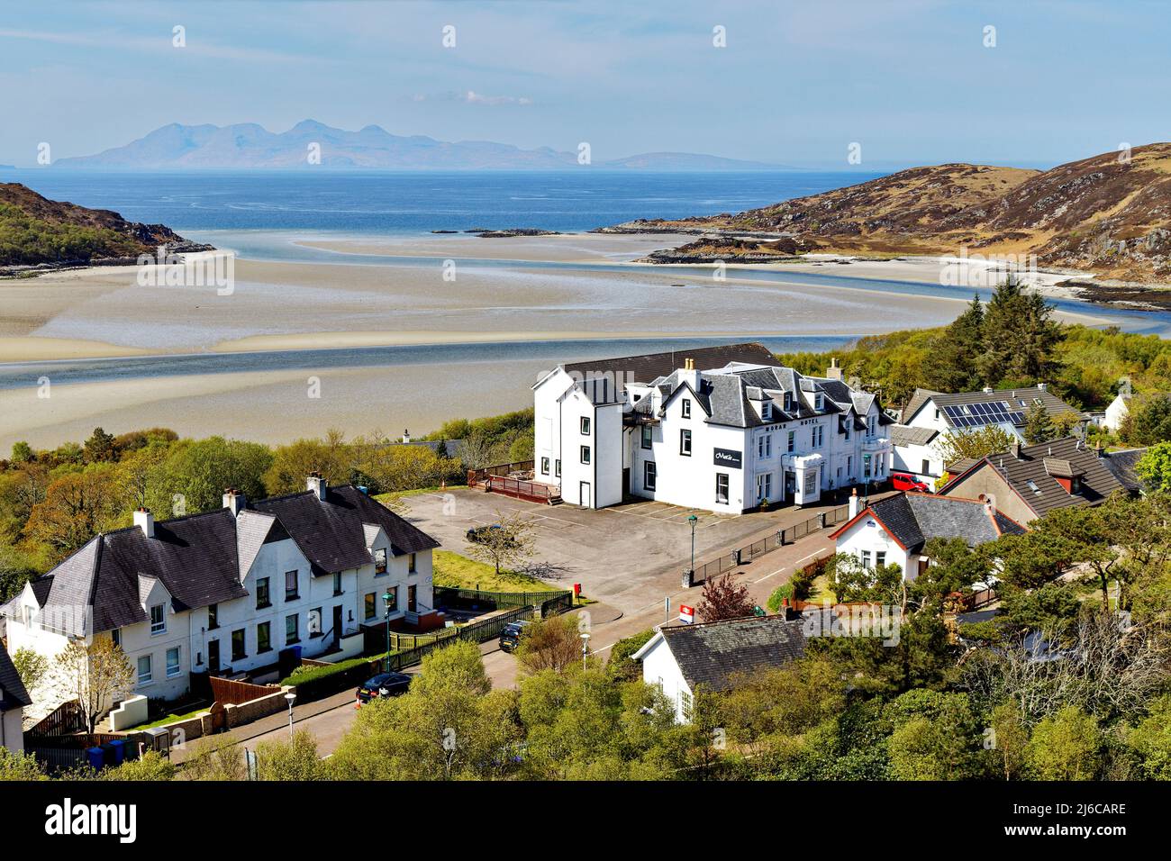 MORAR SCOTLAND VILLAGE HOUSES STATION AND HOTEL TREES IN SPRING SANDY ...