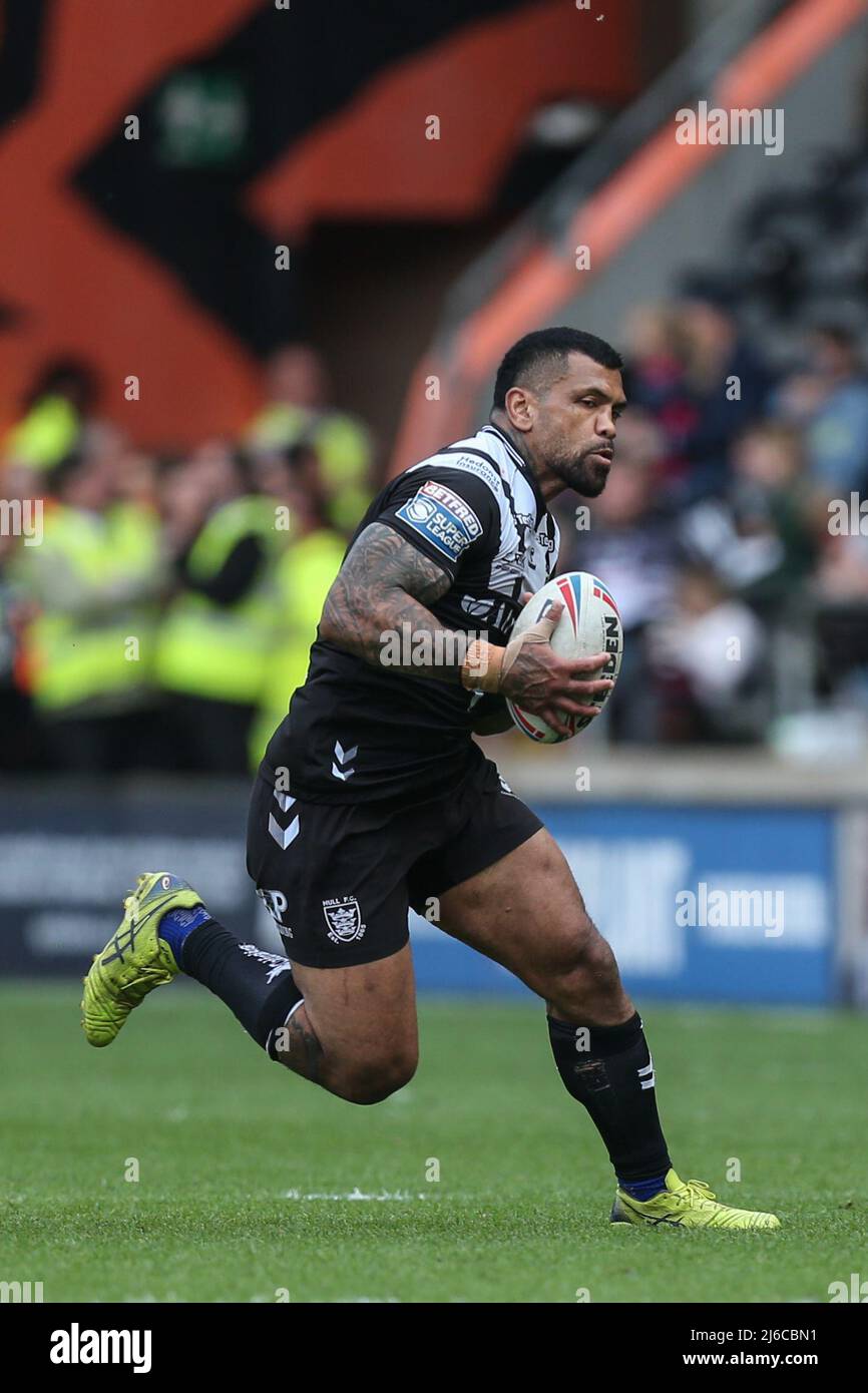 Manu Ma'u #12 of Hull FC runs with the ball up the pitch in , on 4/30 ...