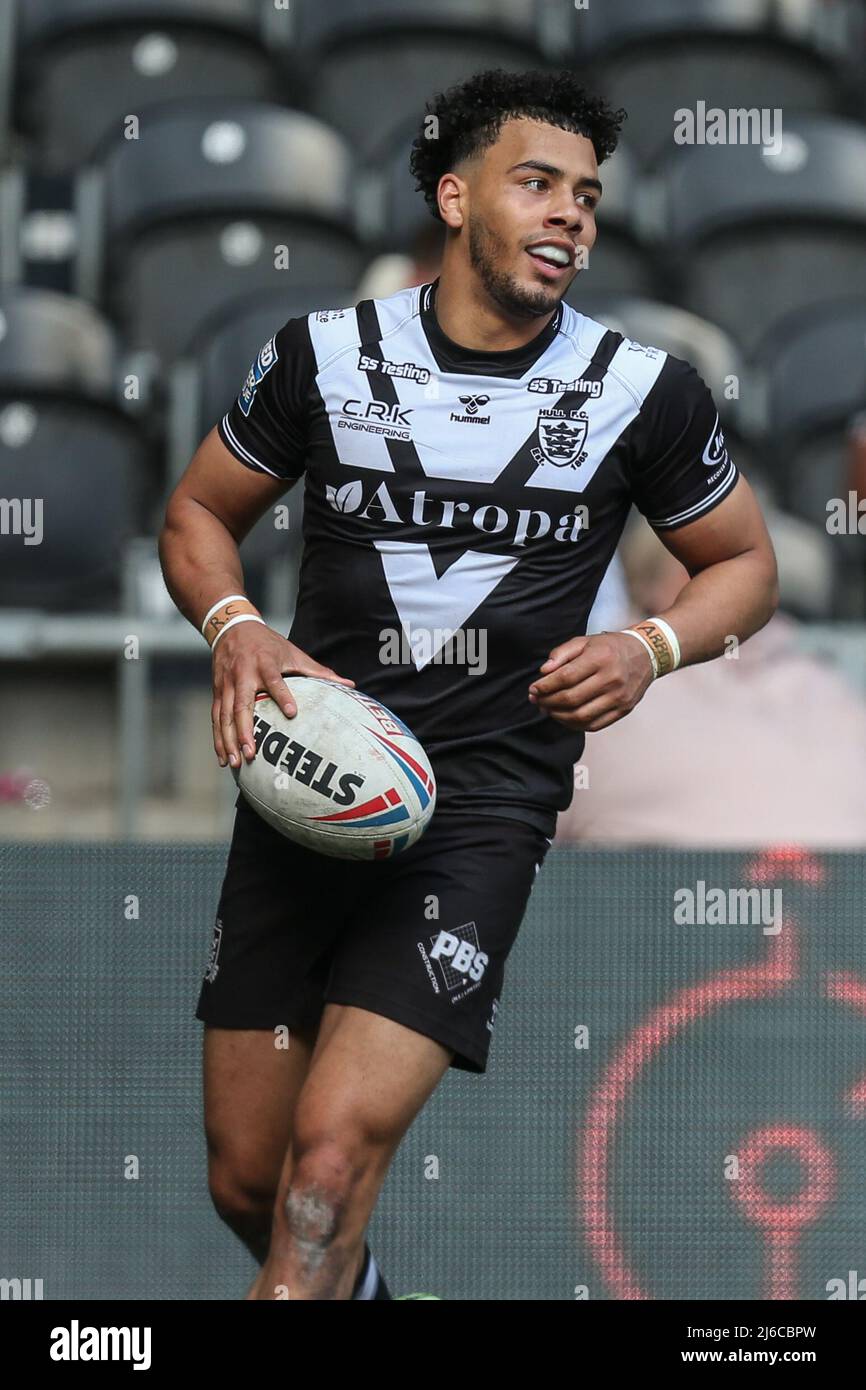 Darnell McIntosh #5 of Hull FC celebrates his third try of the match ...