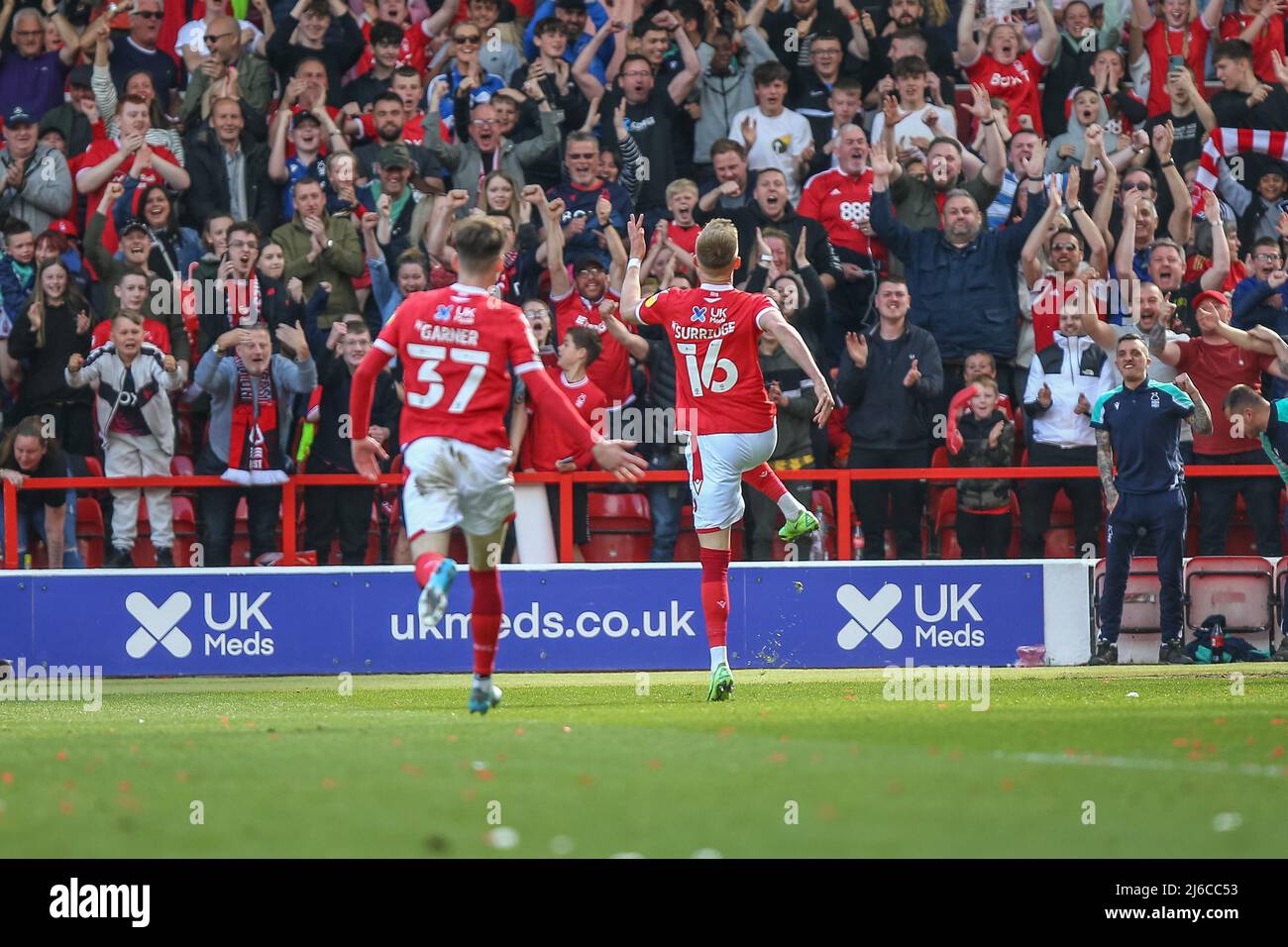 Sam Surridge #16 of Nottingham Forest celebrates his goal to make it 3 ...