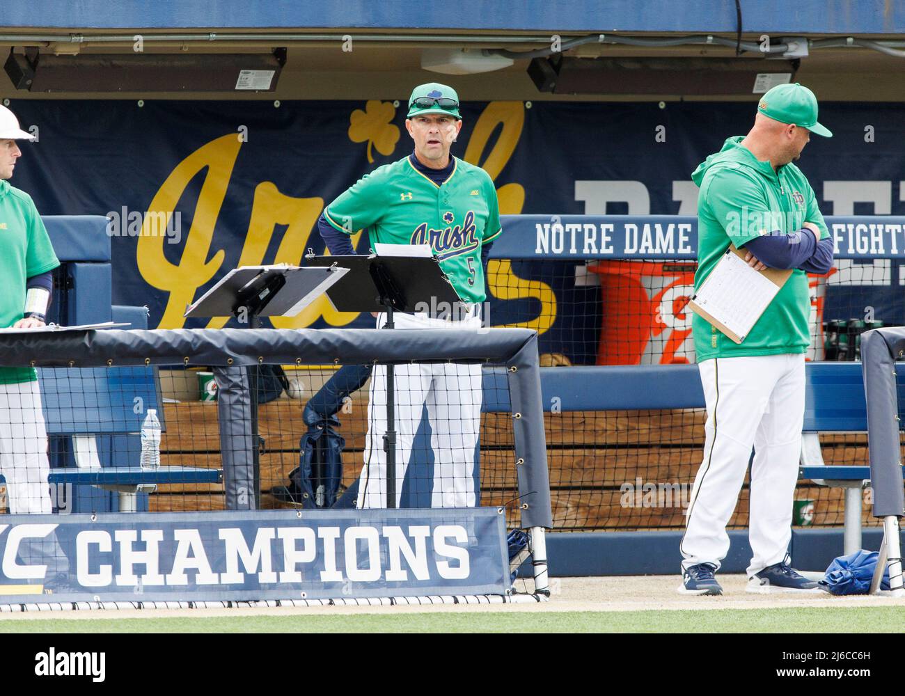 April 29, 2022: Notre Dame head coach Link Jarrett looks on from the ...