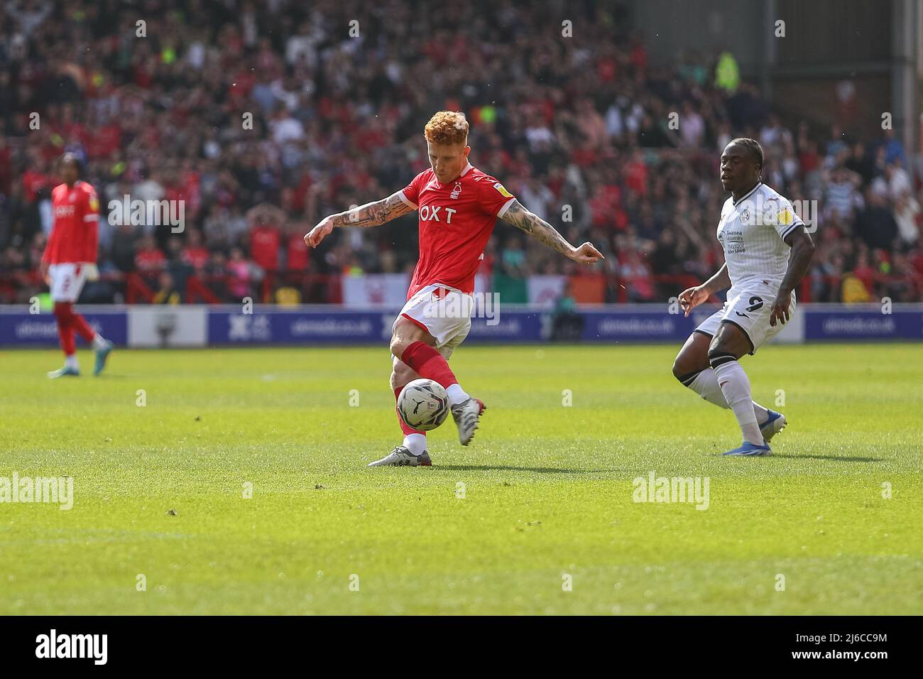 Jack Colback #8 of Nottingham Forest has a shot at goal from distance ...