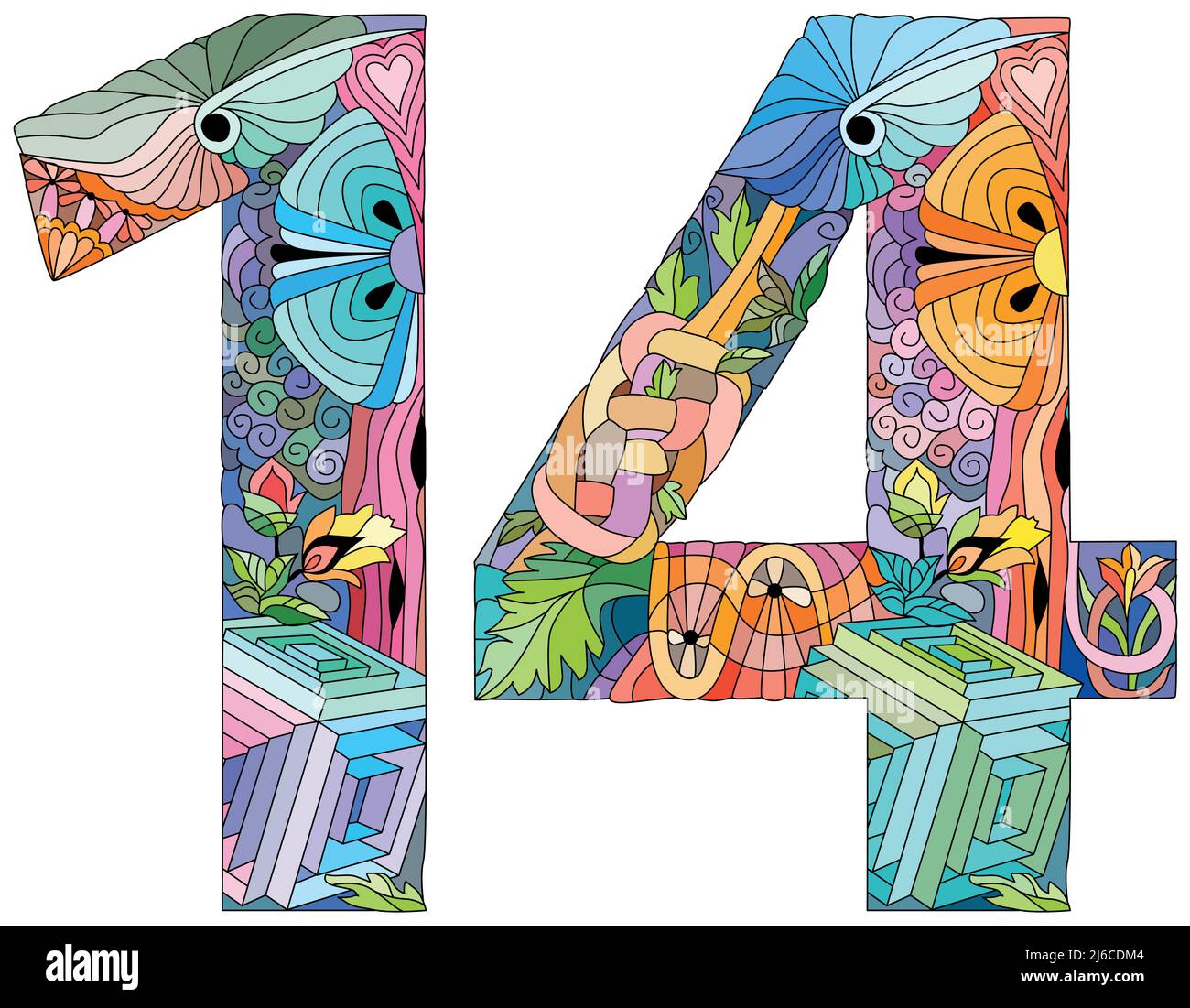 Fourteen number Isolated zentangle illustration for decoration Stock ...