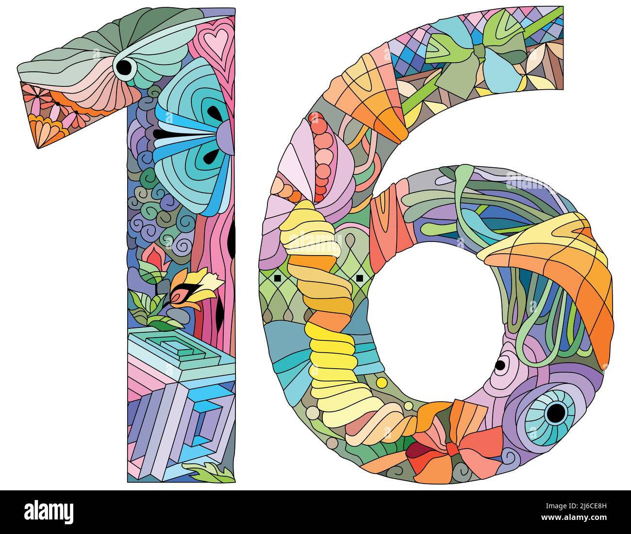 Sixteen number Isolated zentangle illustration for decoration Stock ...