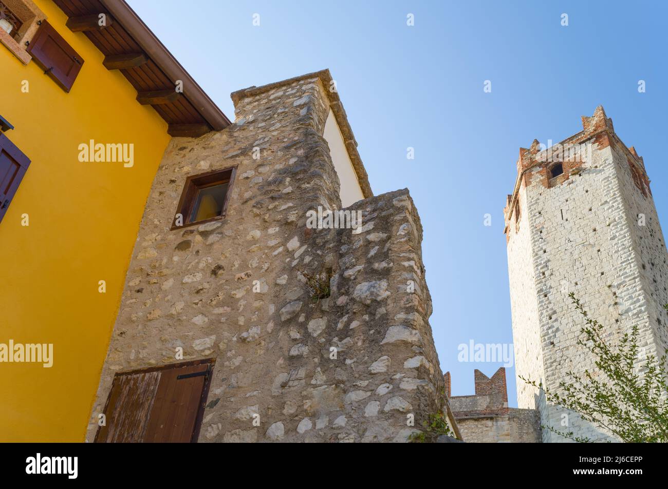 Malcesine, Italy, upward view of the main tower of the Scaligeri castle ...
