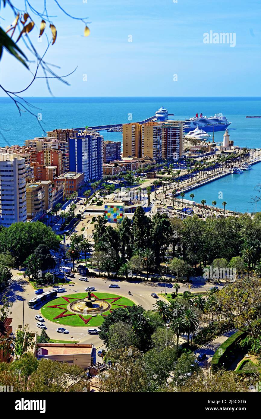 Spain Andalucia Malaga town and its busy harbour with cruise ship ...
