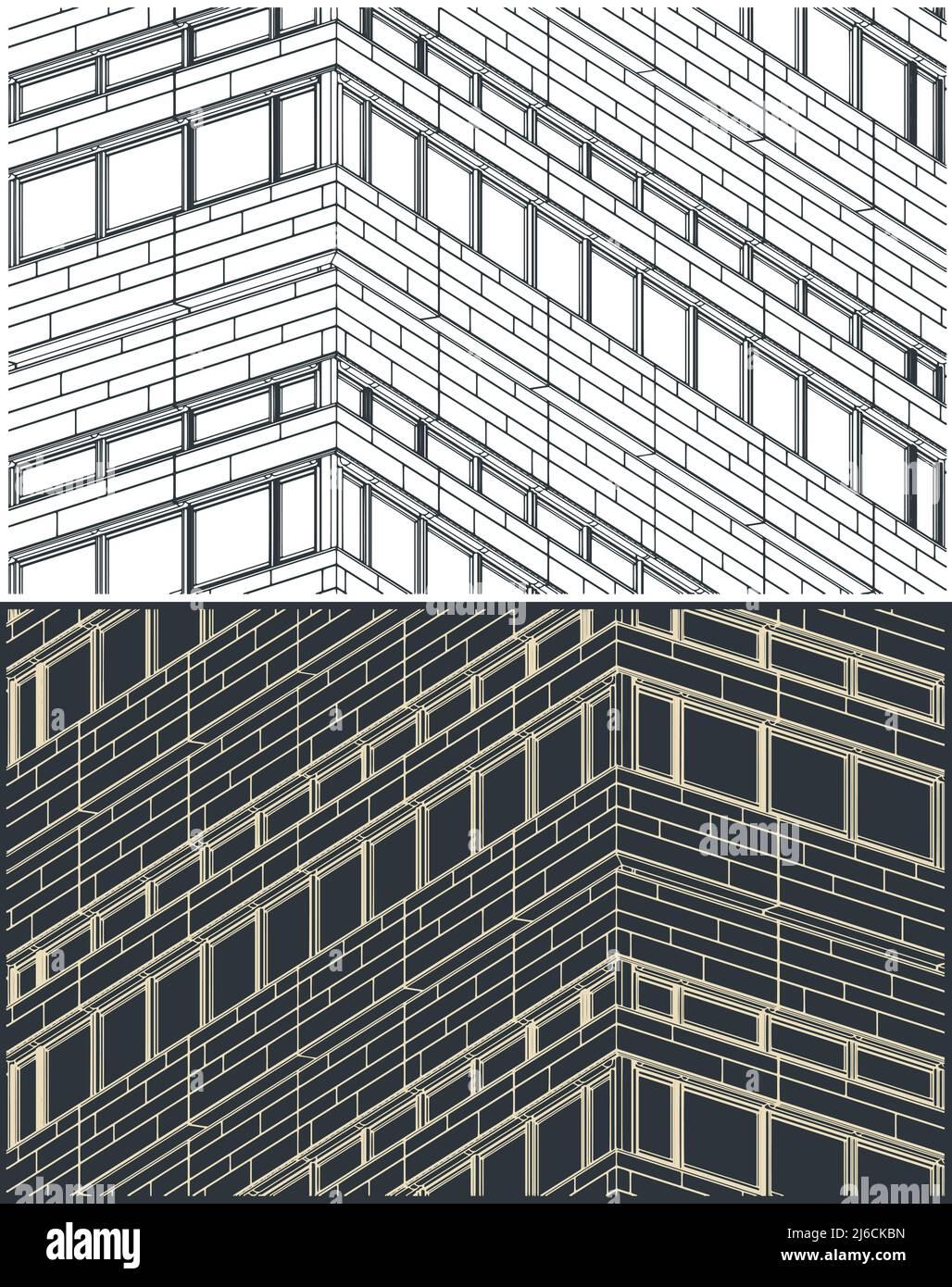 Stylized vector illustration of drawings of building facade close up ...