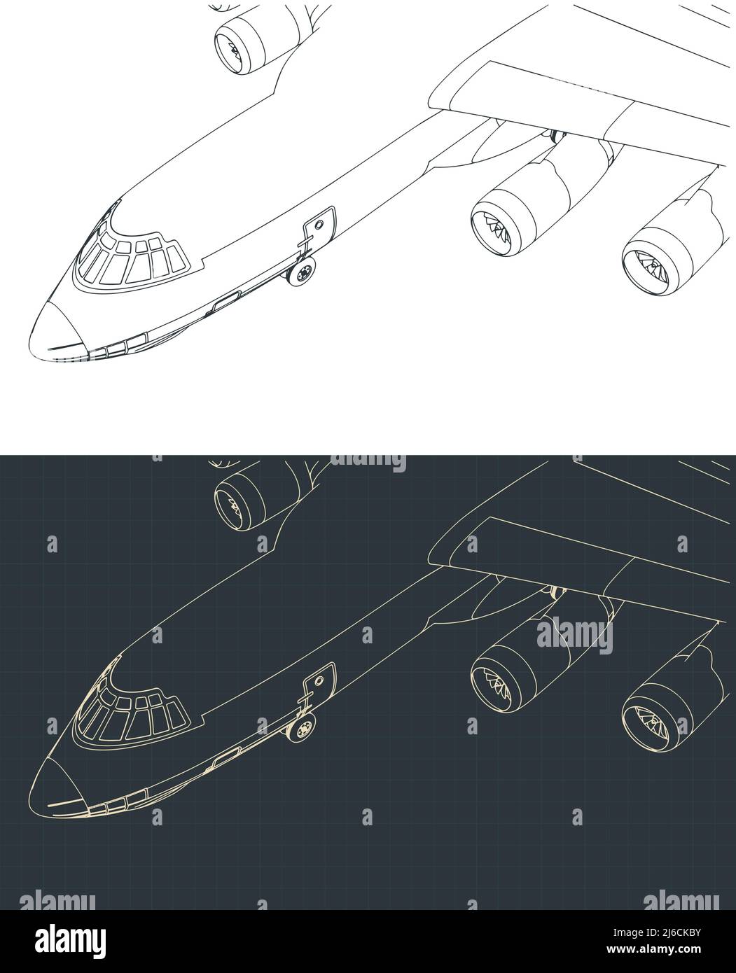 Stylized vector illustration of drawings of heavy cargo aircraft close ...