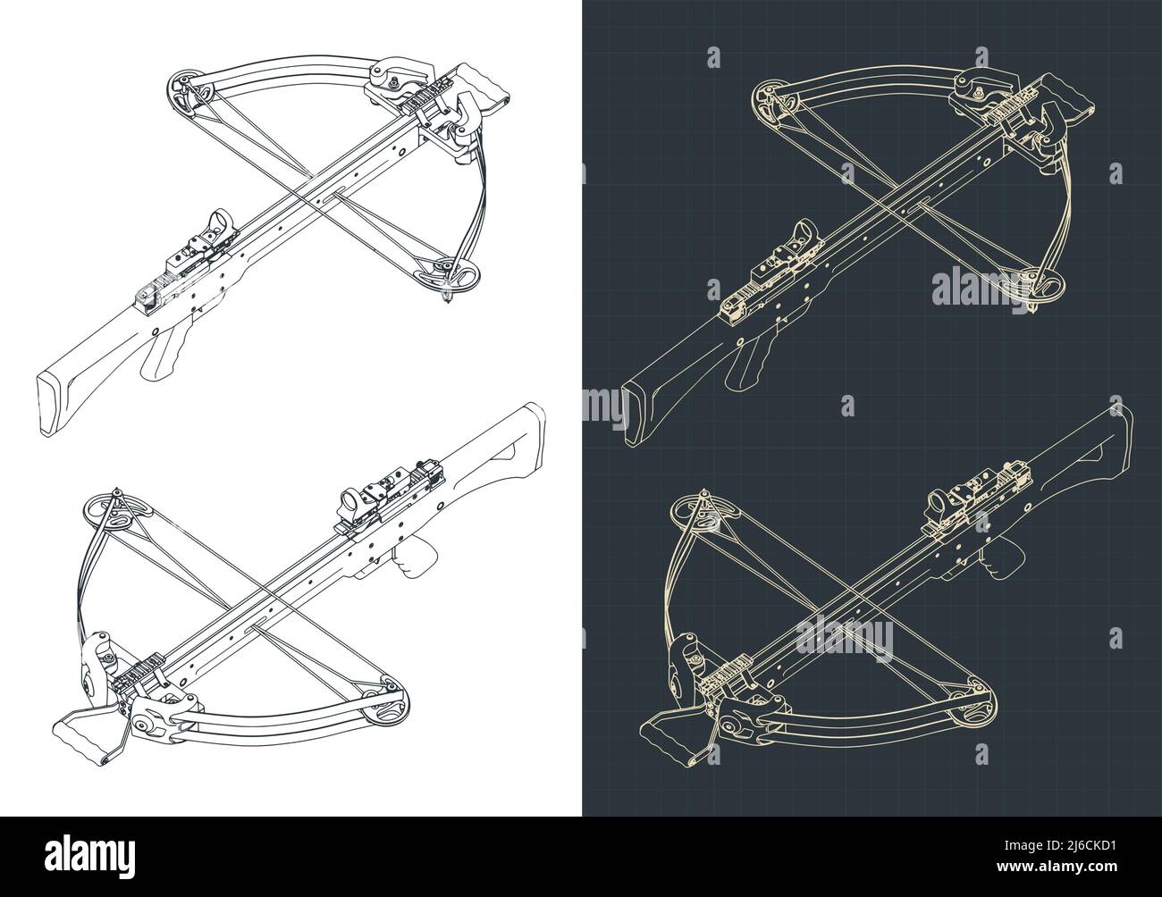 Stylized vector illustration of isometric blueprints of block crossbow ...