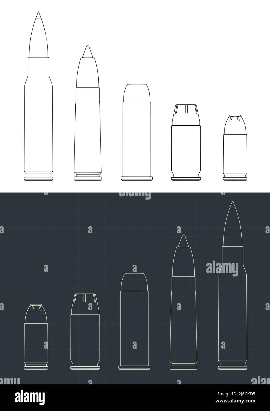 Stylized vector illustration of blueprints of bullets of various ...