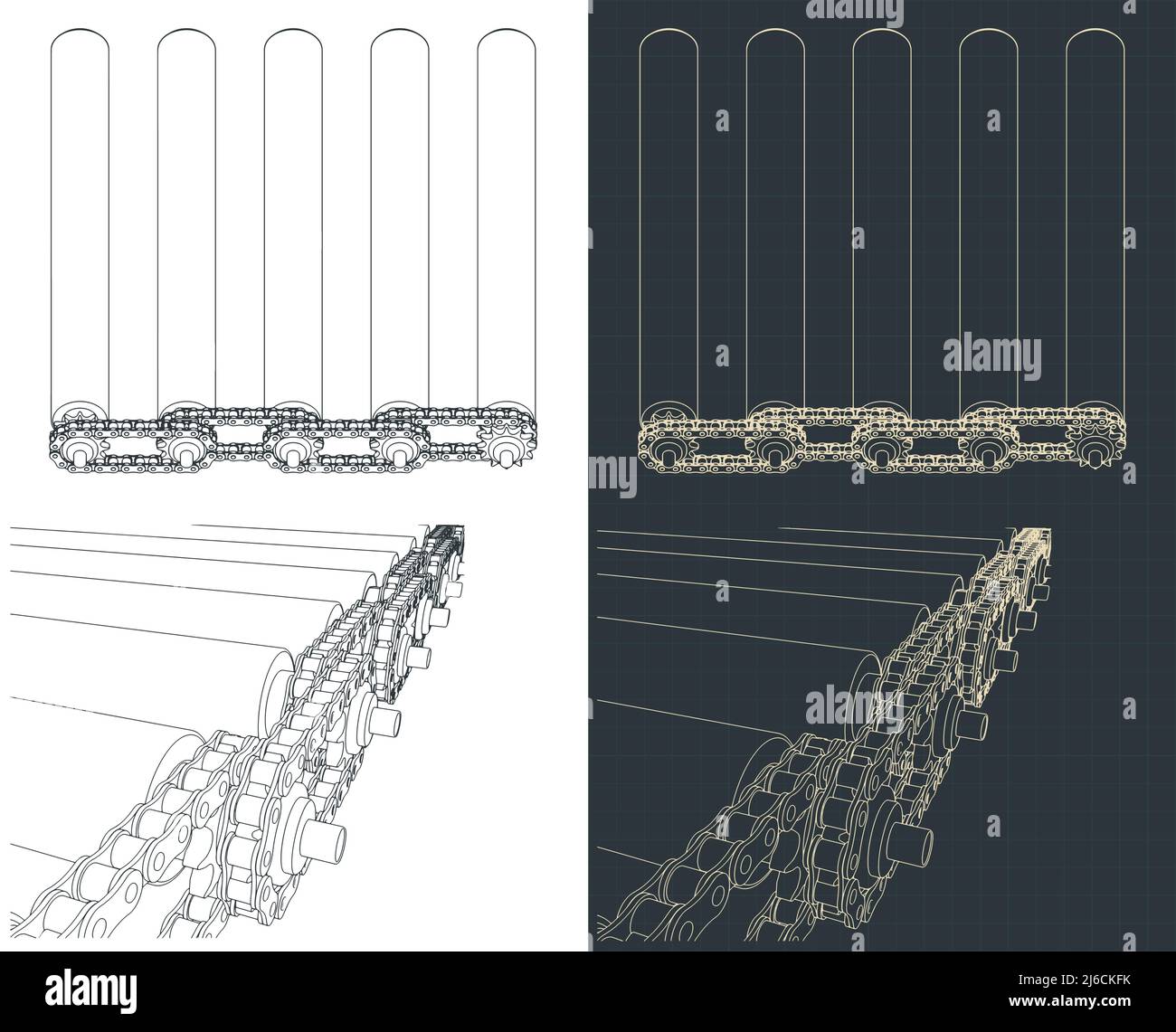 Stylized vector illustration of blueprints of chain transmission in a ...
