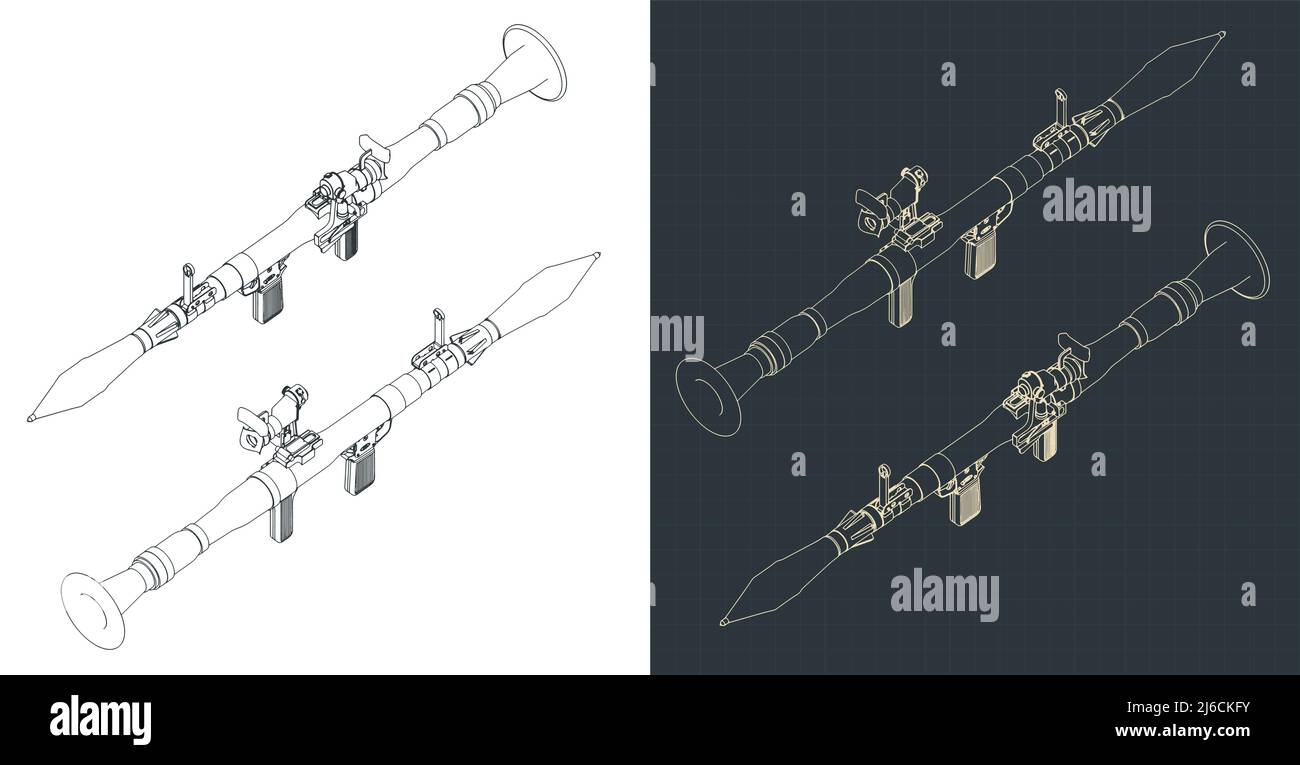Stylized vector illustration of isometric blueprints of hand-held anti-tank grenade launcher ...