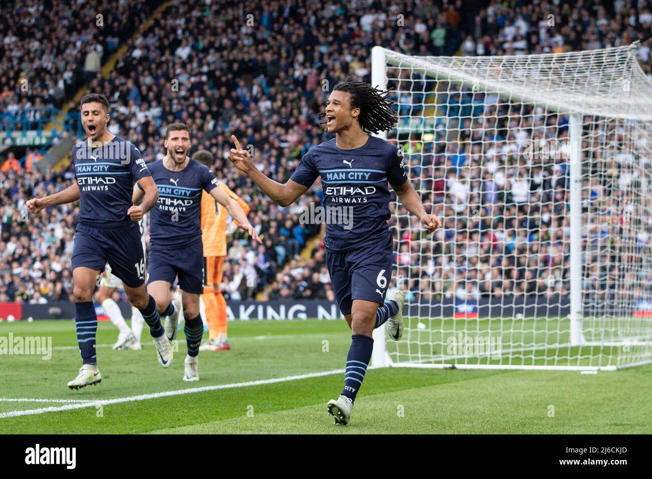 Nathan Ake #6 of Manchester City celebrates his goal and makes the ...