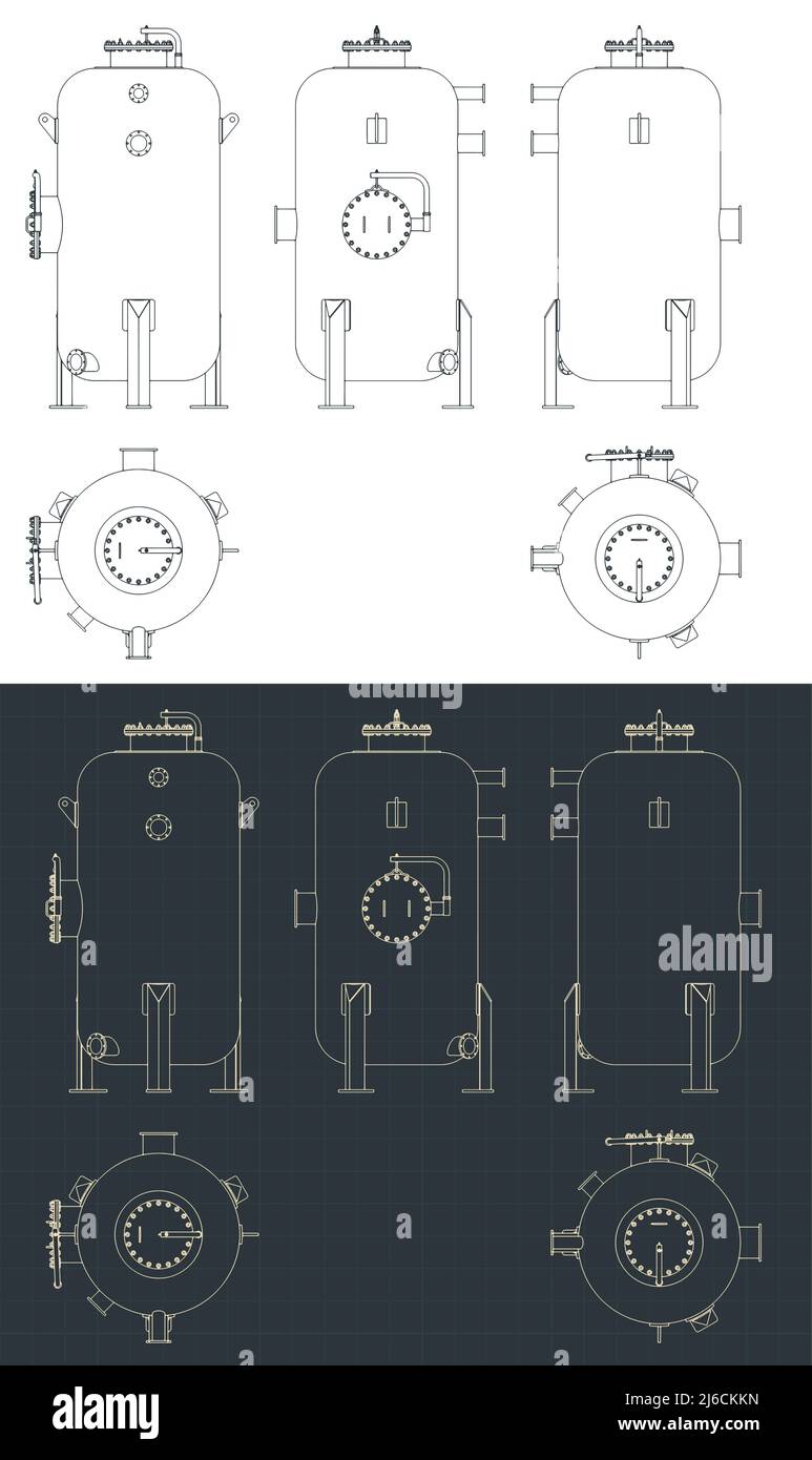 Stylized vector illustration of blueprints of vertical pressure tank ...