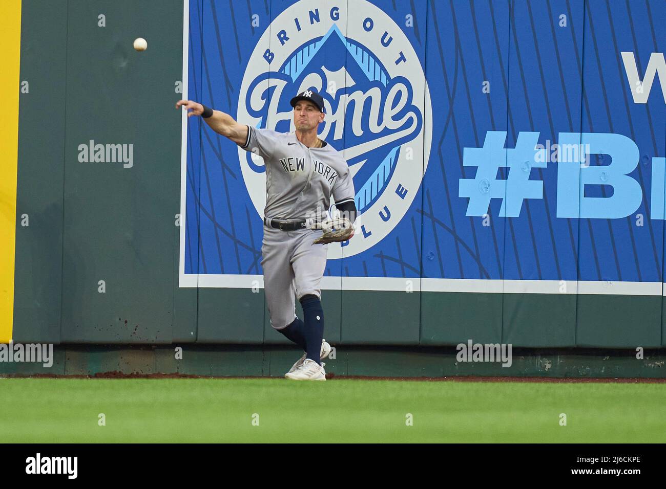 April 29 20261: New York left fielder Tim Lacastro (33) makes a play ...