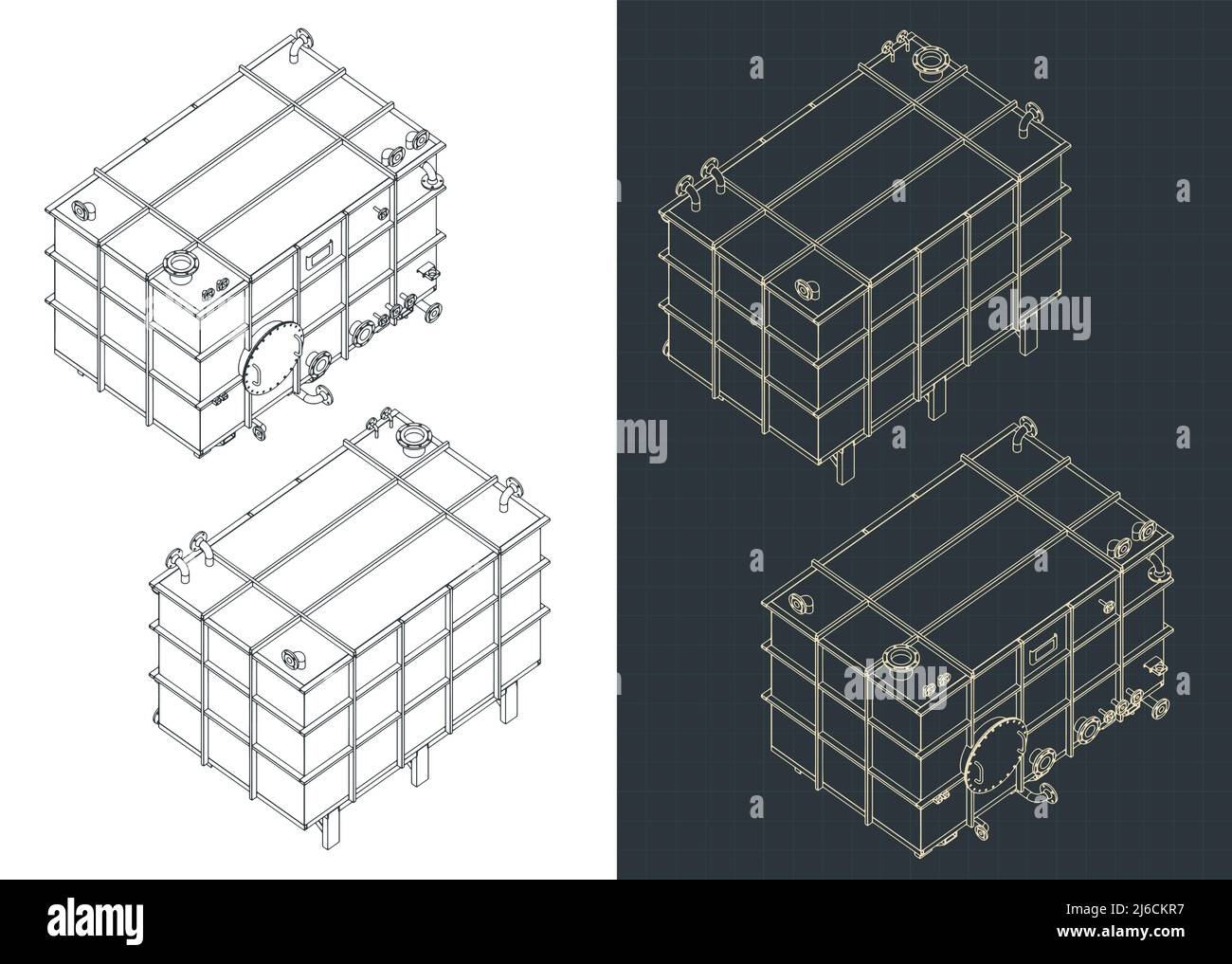 Stylized vector illustration of isometric blueprints of pressure tank ...