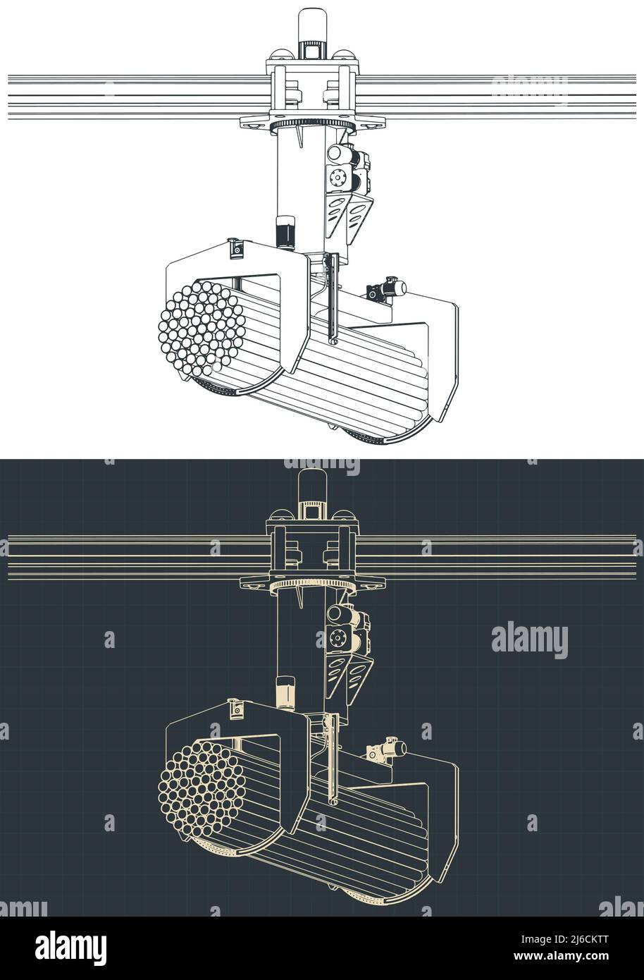Stylized vector illustration of drawings of overhead crane with ...