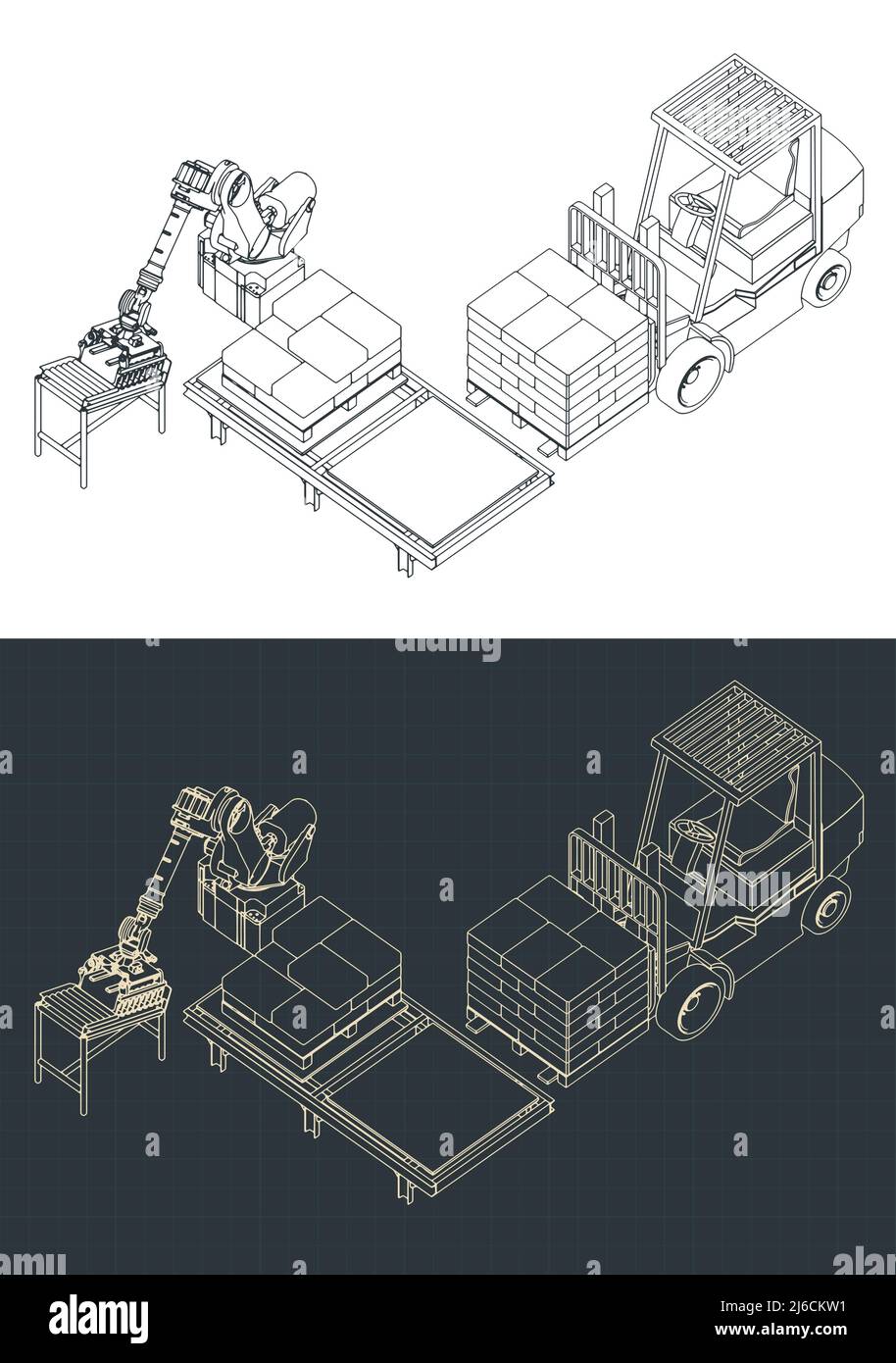 Stylized vector illustration of drawings of robotic loading system in ...