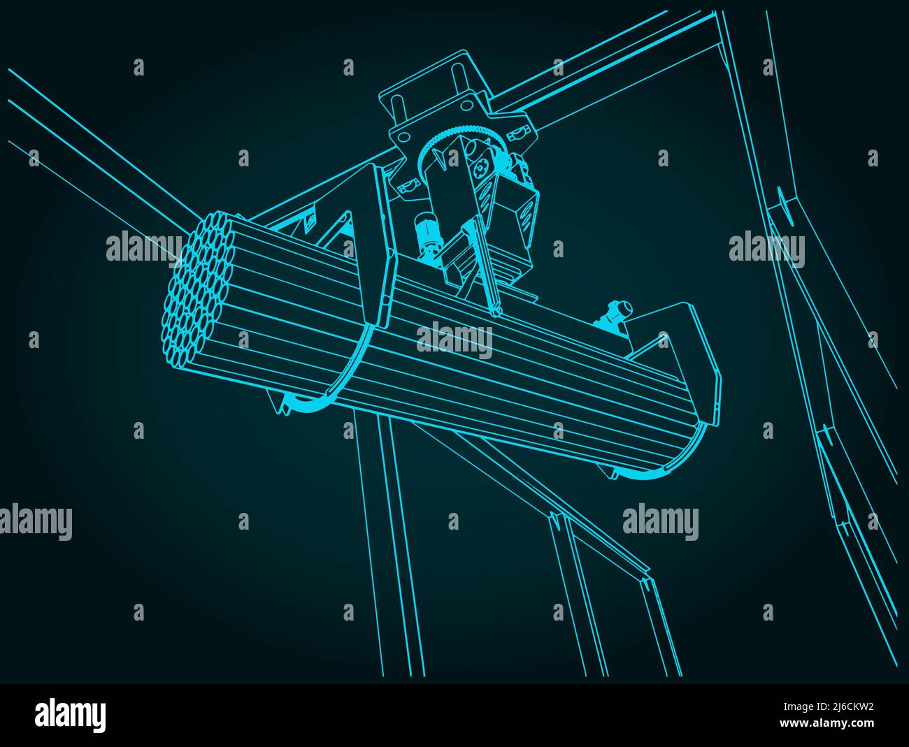 Stylized vector illustration of overhead crane with bunching grab close ...