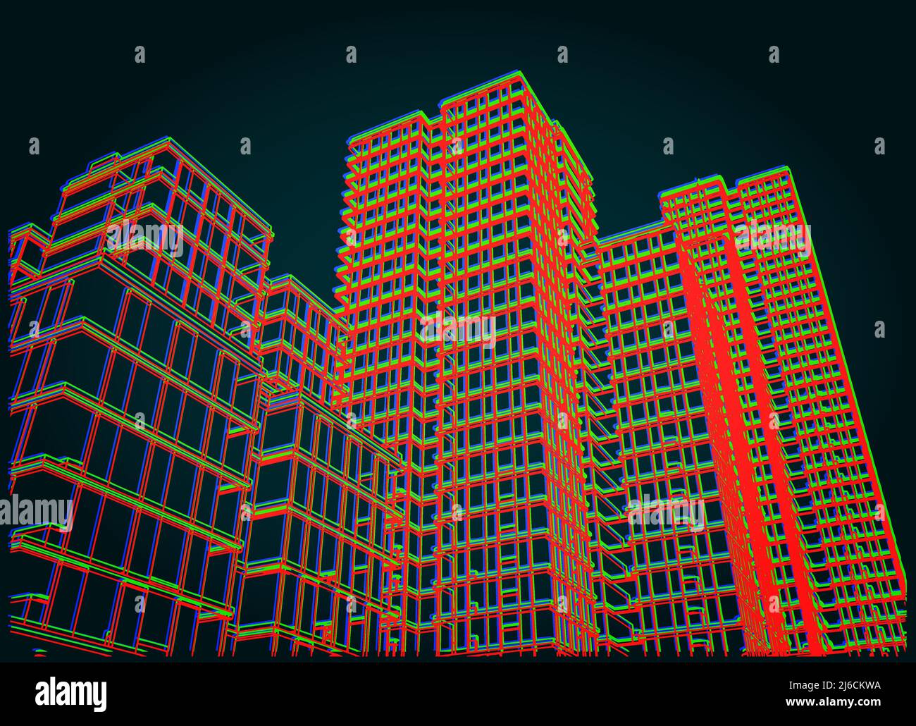 Stylized vector illustration of skyscrapers of a large metropolis in ...