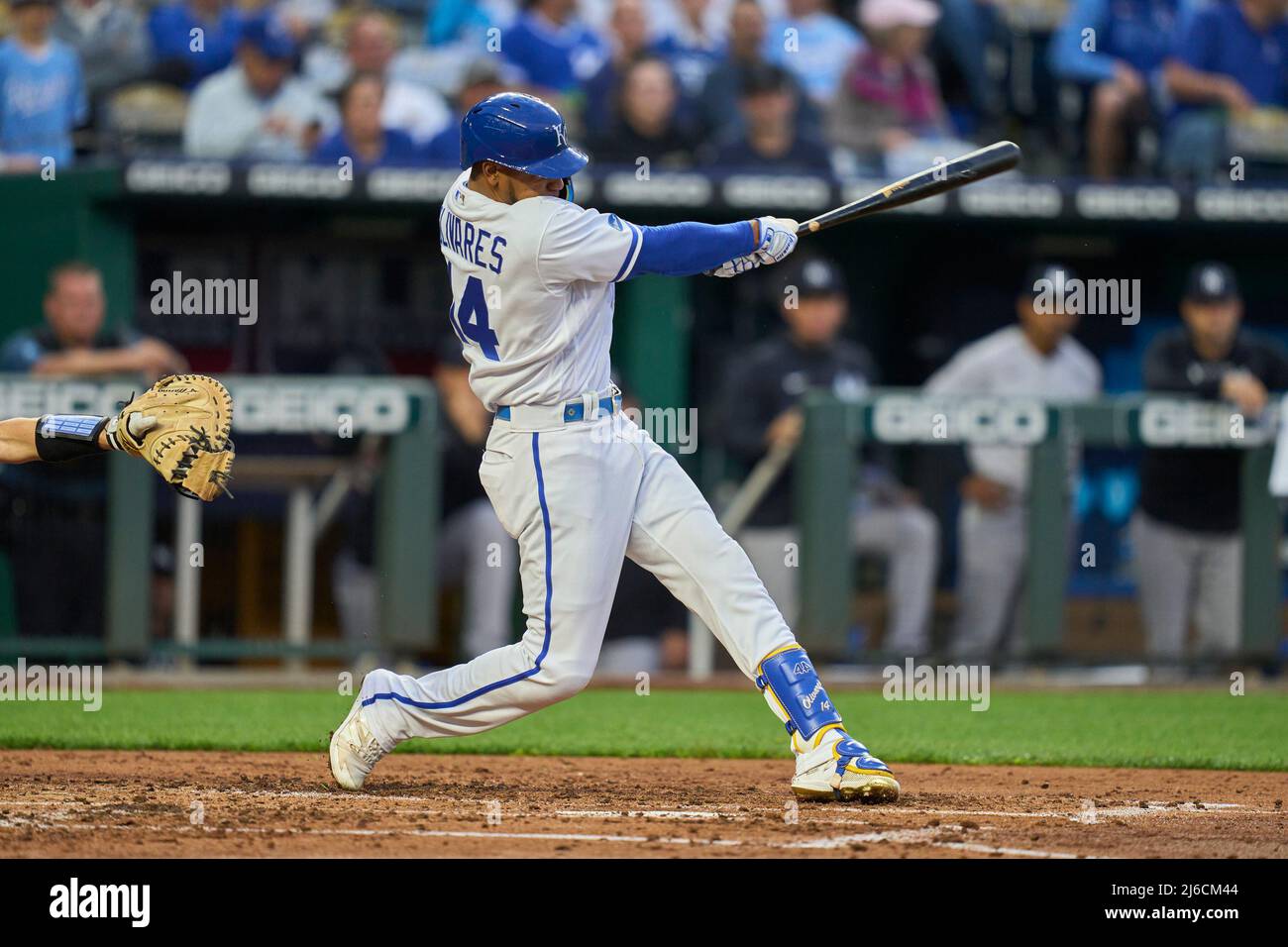 April 29 20261: Kansas City right fielder Edward Olivares (14) gets a ...