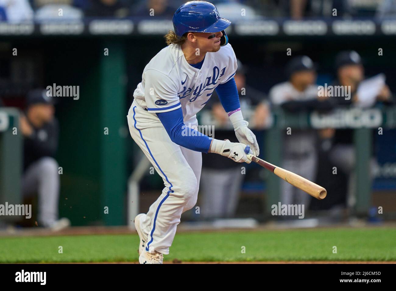 April 29 20261: Kansas City third baseman Bobby Witt Jr.(7) gets a hit ...