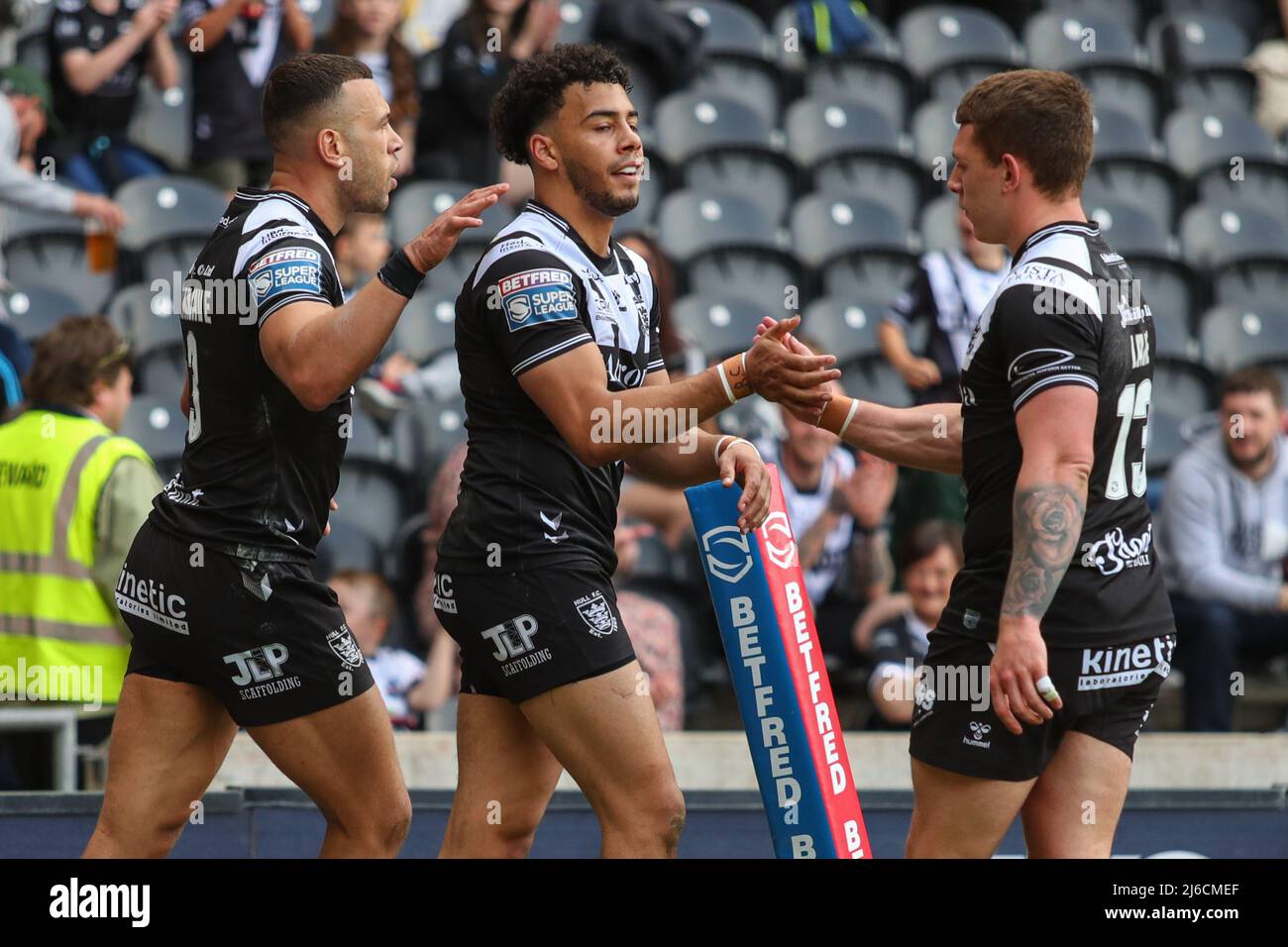Darnell McIntosh #5 of Hull FC celebrates his second try of the match ...