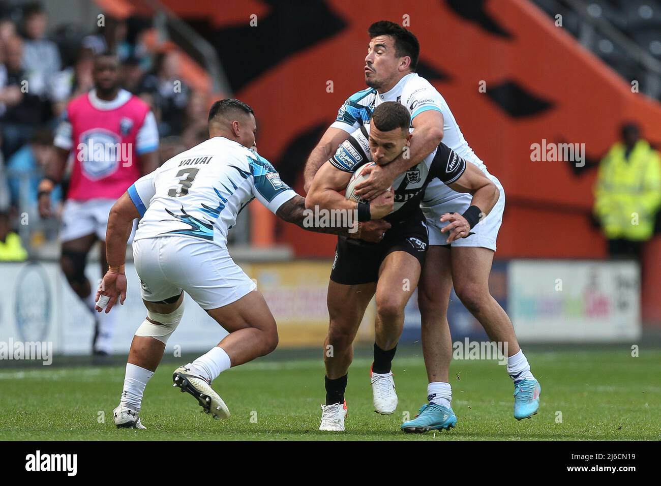 Carlos Tuimavave #3 of Hull FC is stopped by the Toulouse defence Stock ...