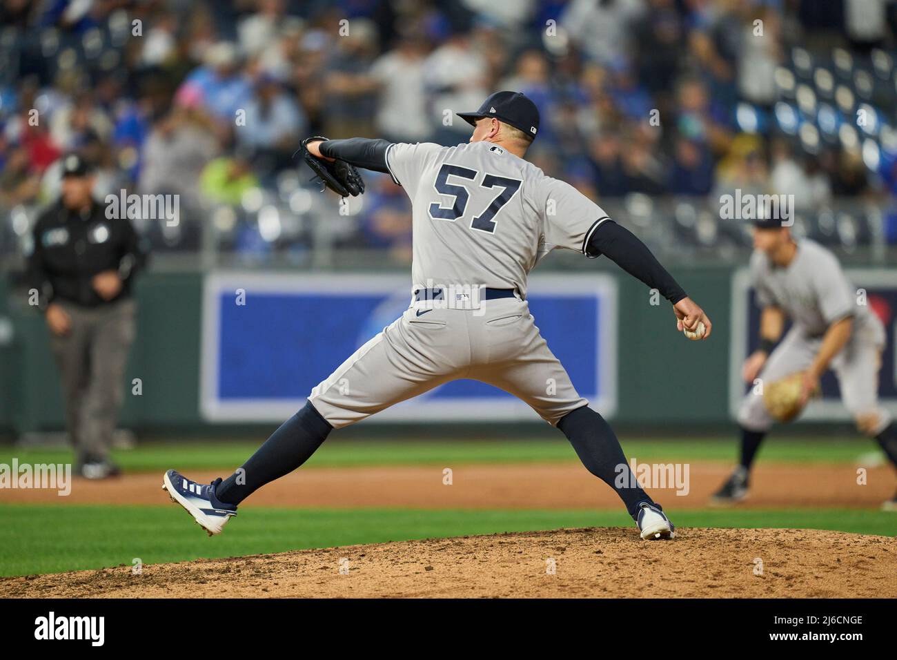 April 29 20261: New York pitcher Chad Green (57) throws a pitch during ...