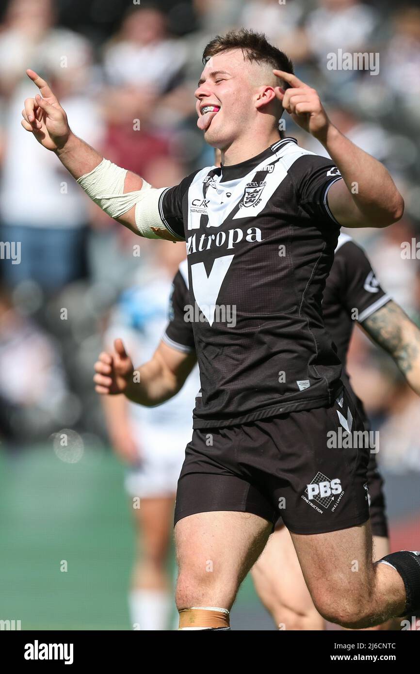 Connor Wynne #23 of Hull FC celebrates his try in , on 4/30/2022 ...